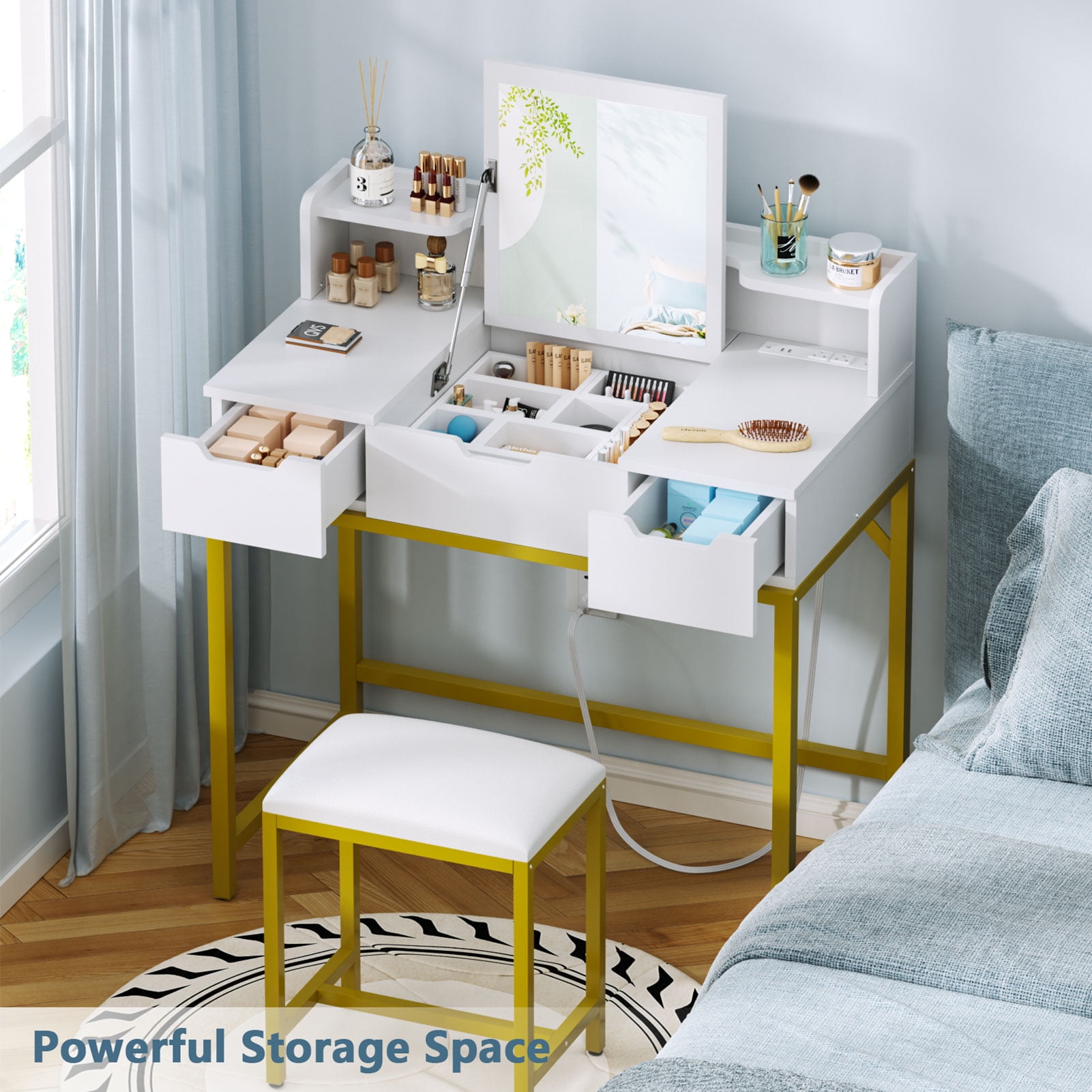 Tydimor Flip-top Vanity Set, Women Dressing Table with Outlets, Makeup ...