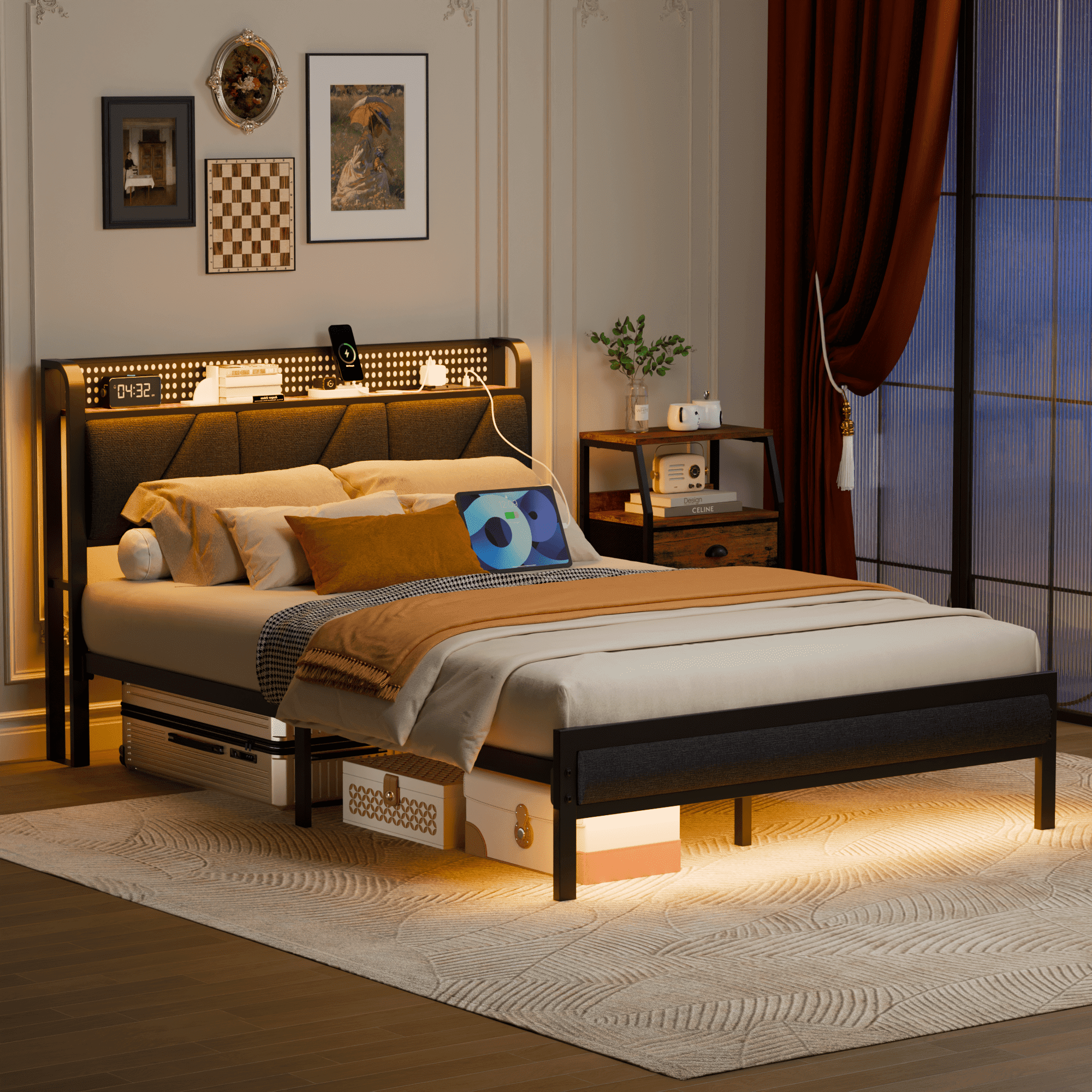 Tydimor Full Size Metal Smart Bed Frames with Upholstered Headboard ...