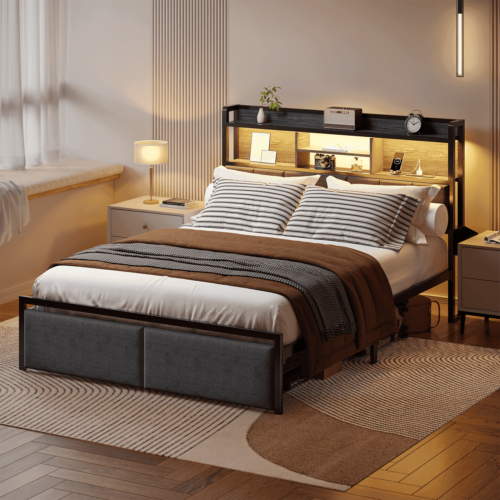 Tydimor Full Size LED Bed Frame, Storage Drawers, USB Ports, Outlets ...