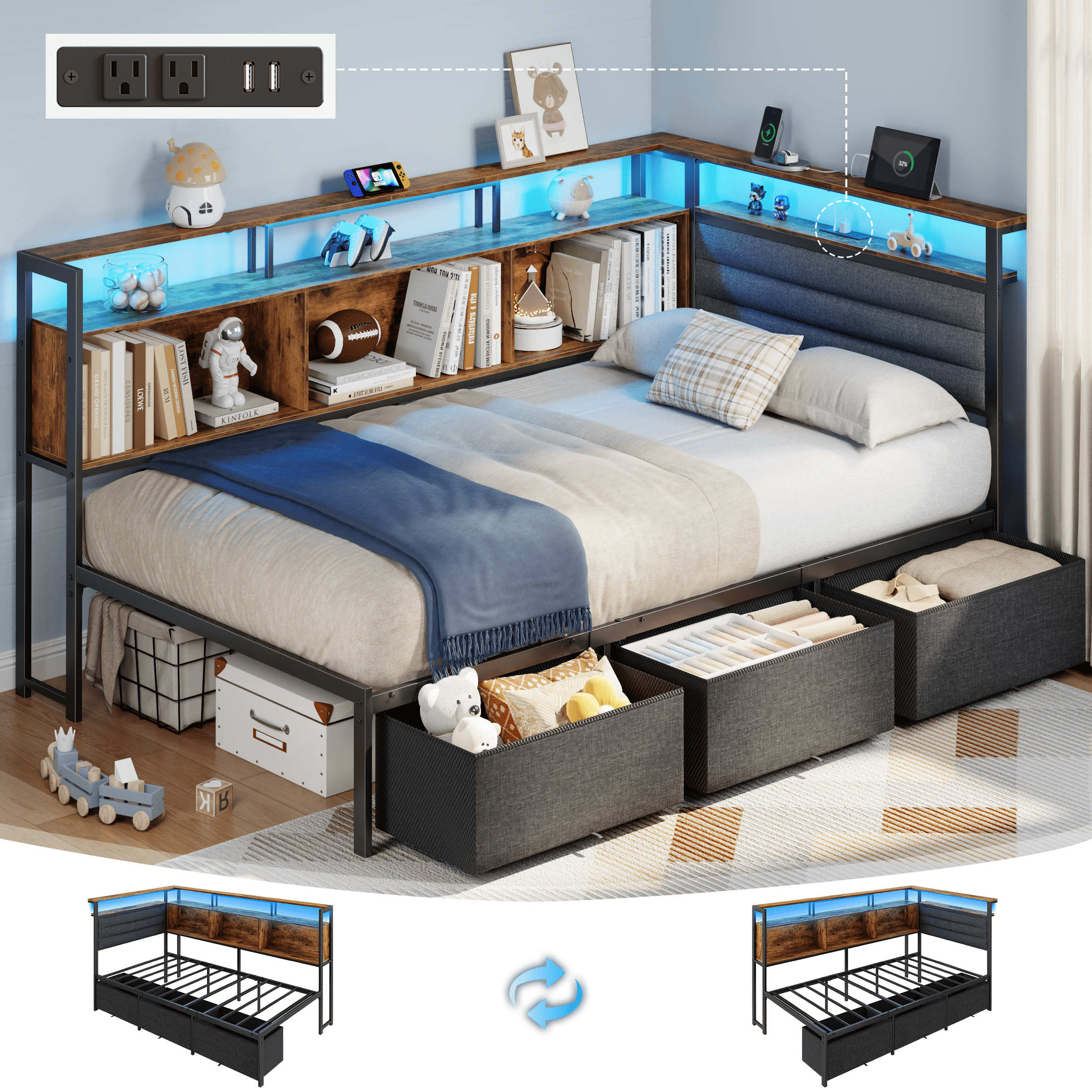 Tydimor L-Shaped Corner Bed Frame with 3 Storage Drawers, 3 Cubbies ...