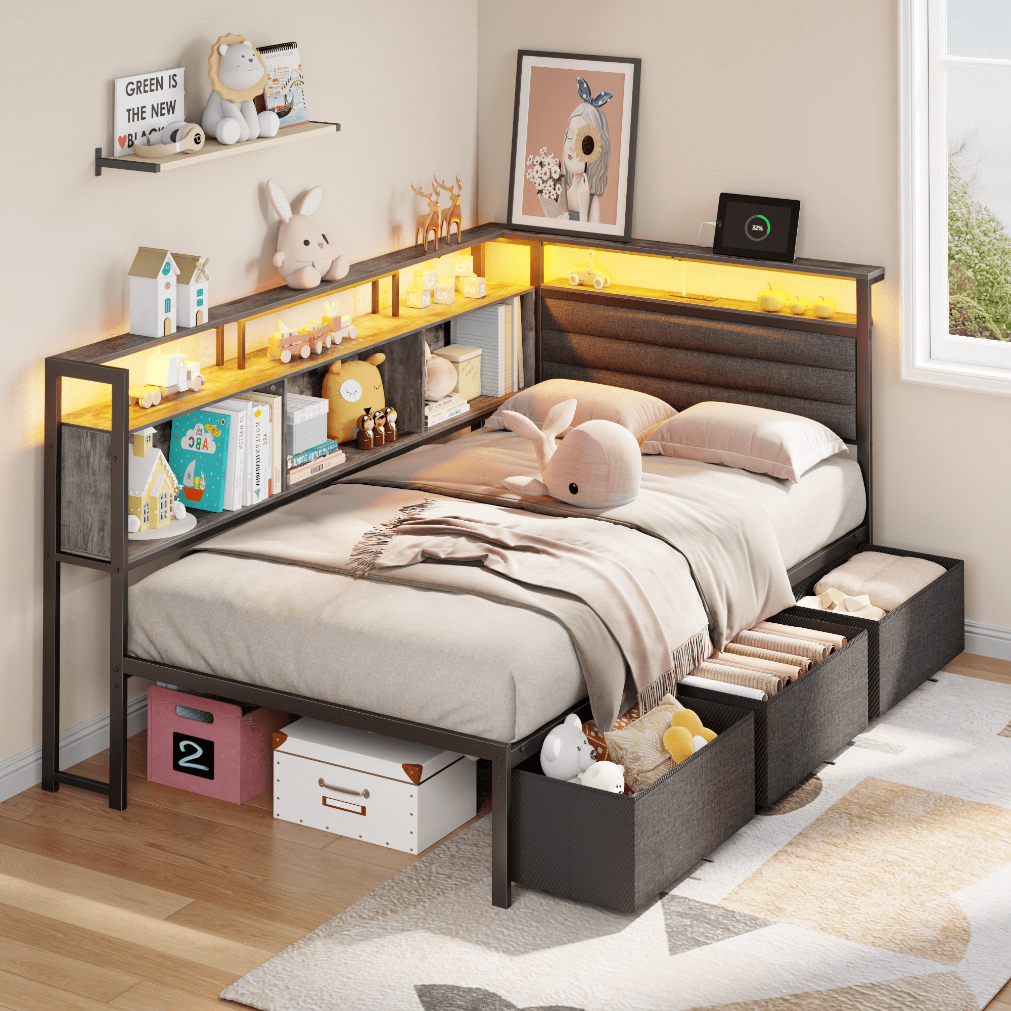 Tydimor L-Shaped Corner Bed Frame with 3 Storage Drawers, 3 Cubbies ...