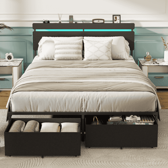 Tydimor Queen Size Bed Frame with 2 Drawers & LED Lights & Charging ...