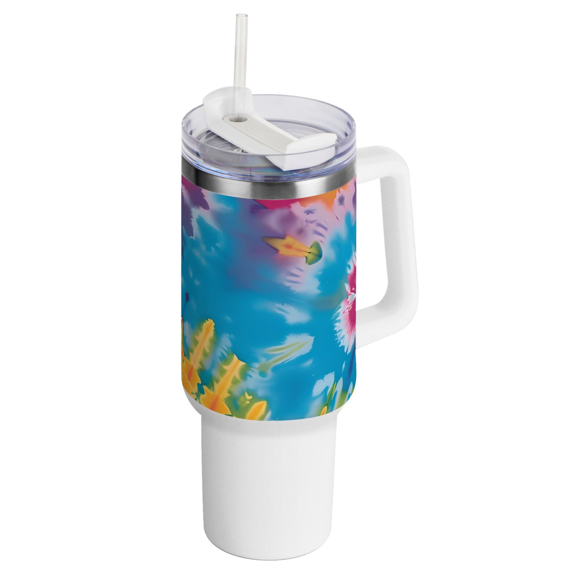 Tye Dye 40 oz Tumbler with Handle Insulated Travel Mug Lid Straw Leak ...