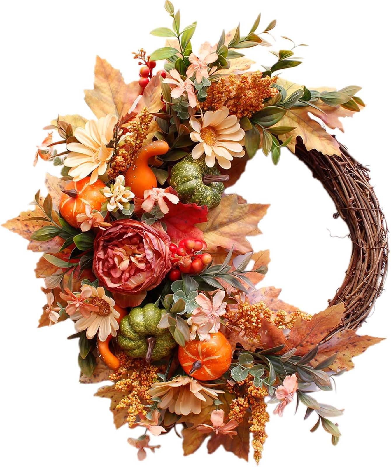 Tyeign 20 Inch Fall Wreath with Pumpkin Peony And Sunflowers, Autumn ...