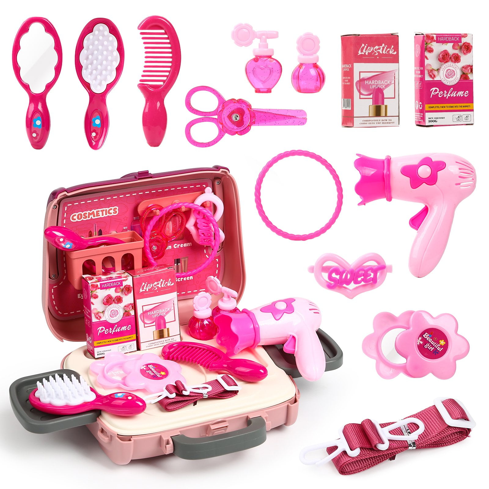 Tyethy Girl Makeup Kit, 14 Pcs Pretend Play Vanity Toy with Hairdryer ...
