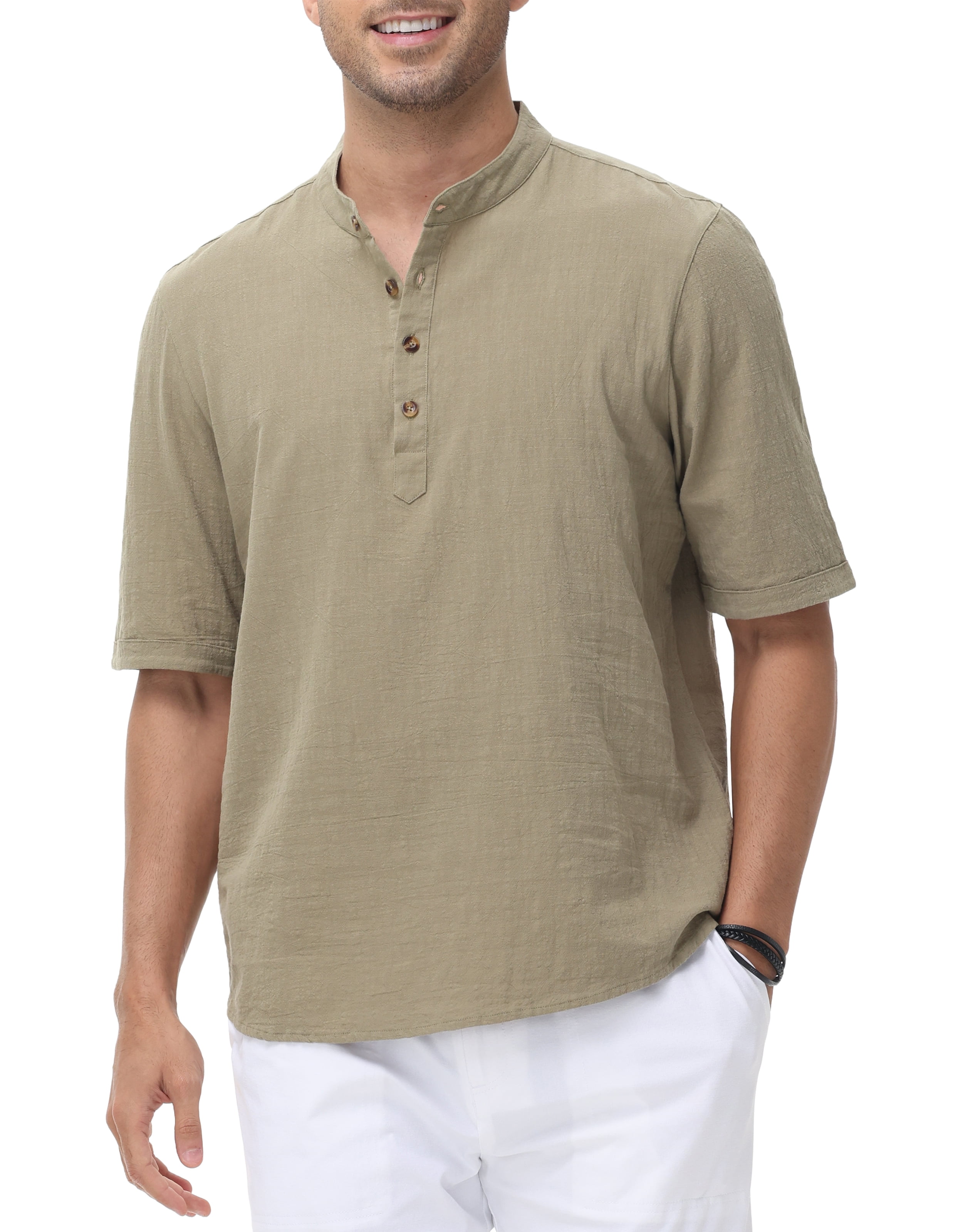 Tyhengta Men's Cotton Henley Shirt Band Collar Short Sleeve Shirt ...
