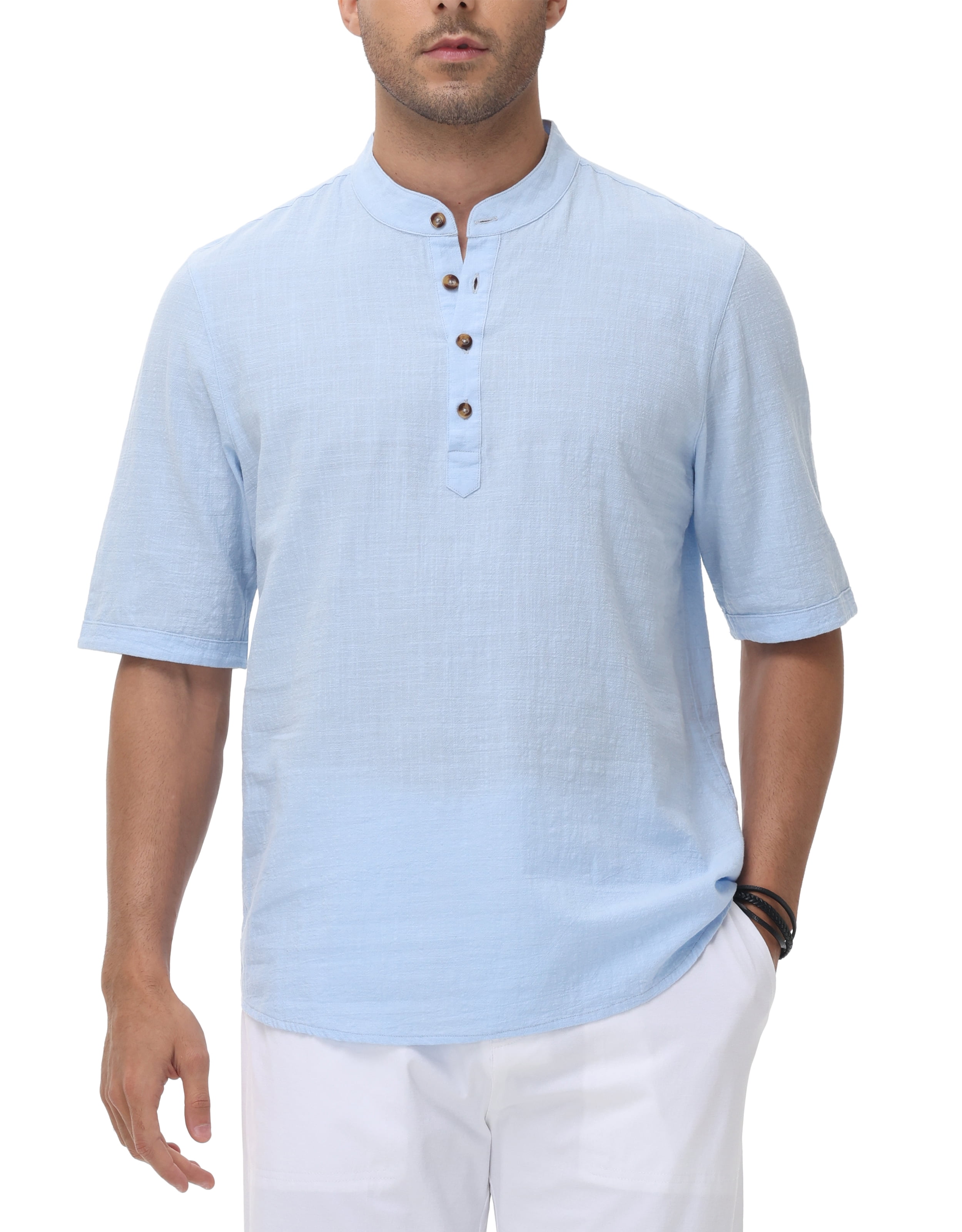 Tyhengta Men's Cotton Henley Shirt Band Collar Short Sleeve Shirt ...