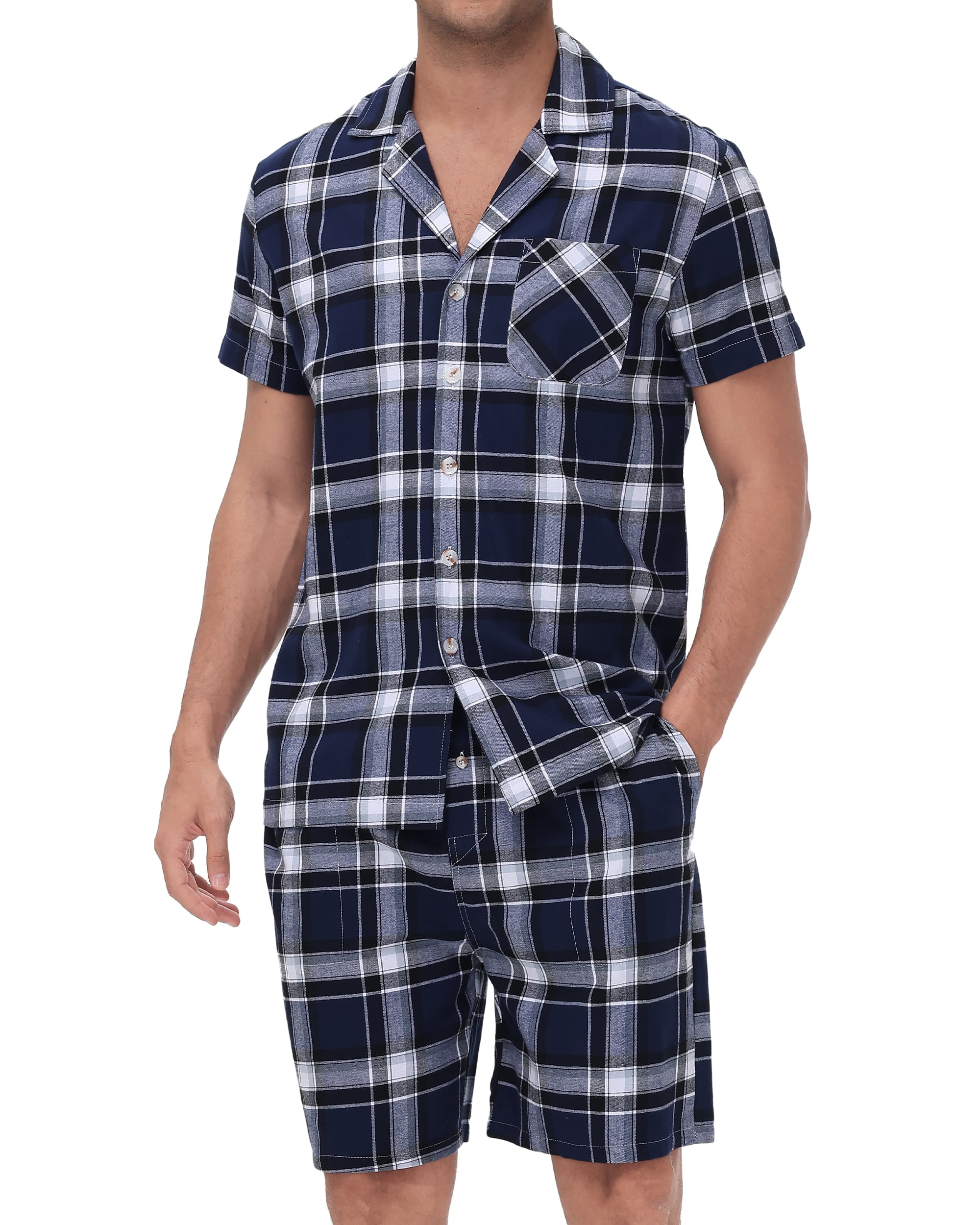 Tyhengta Men's Pajamas Plaid Sets Sleepwear Pajama Collar Short Sleeve Shirts and Pants Mens Pjs ...