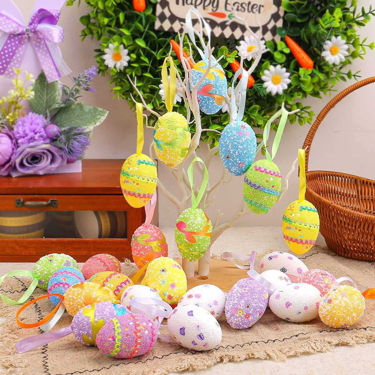 Tyidzon Easter Ornaments for Tree, 6Pc Foam Easter Eggs Ornaments ...