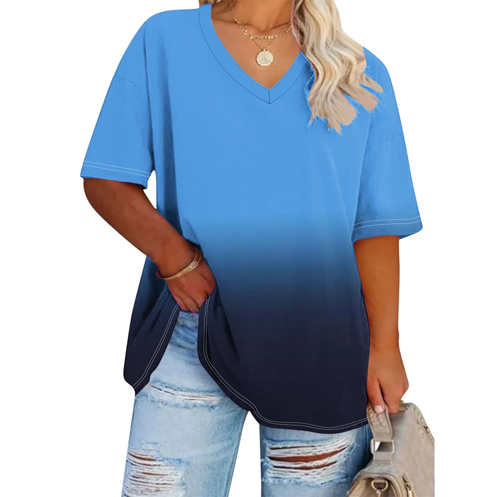 Ayolanni Blue Tops Women Casual Ombre Plus Size Loose Blouses & Tops ...