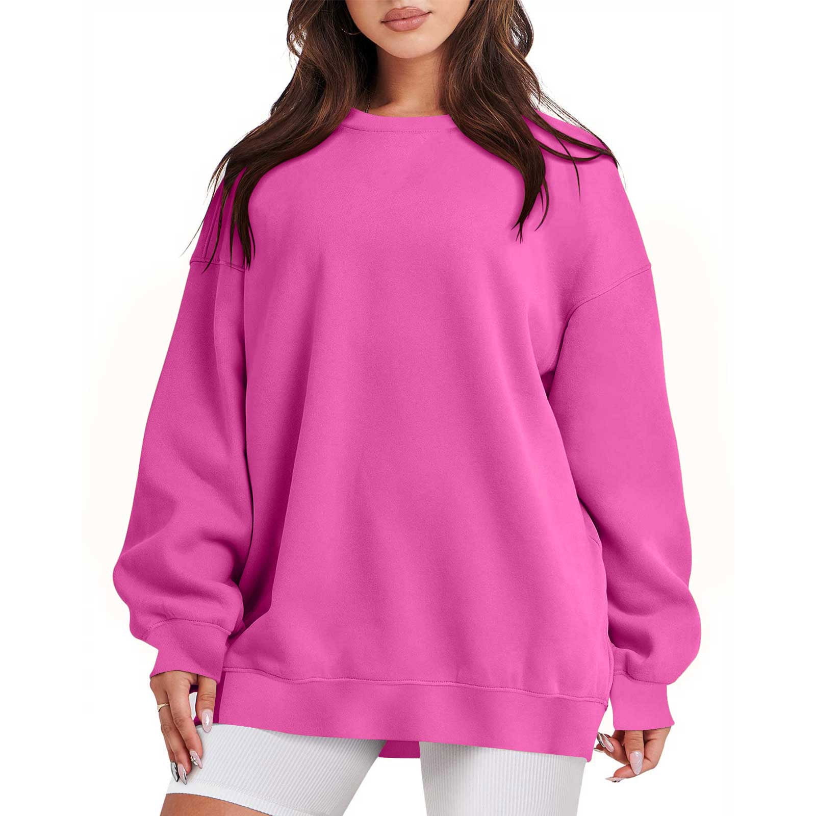 Ayolanni Womens Tops Casual Pink Long Sleeve Solid Pullover Crew Neck ...