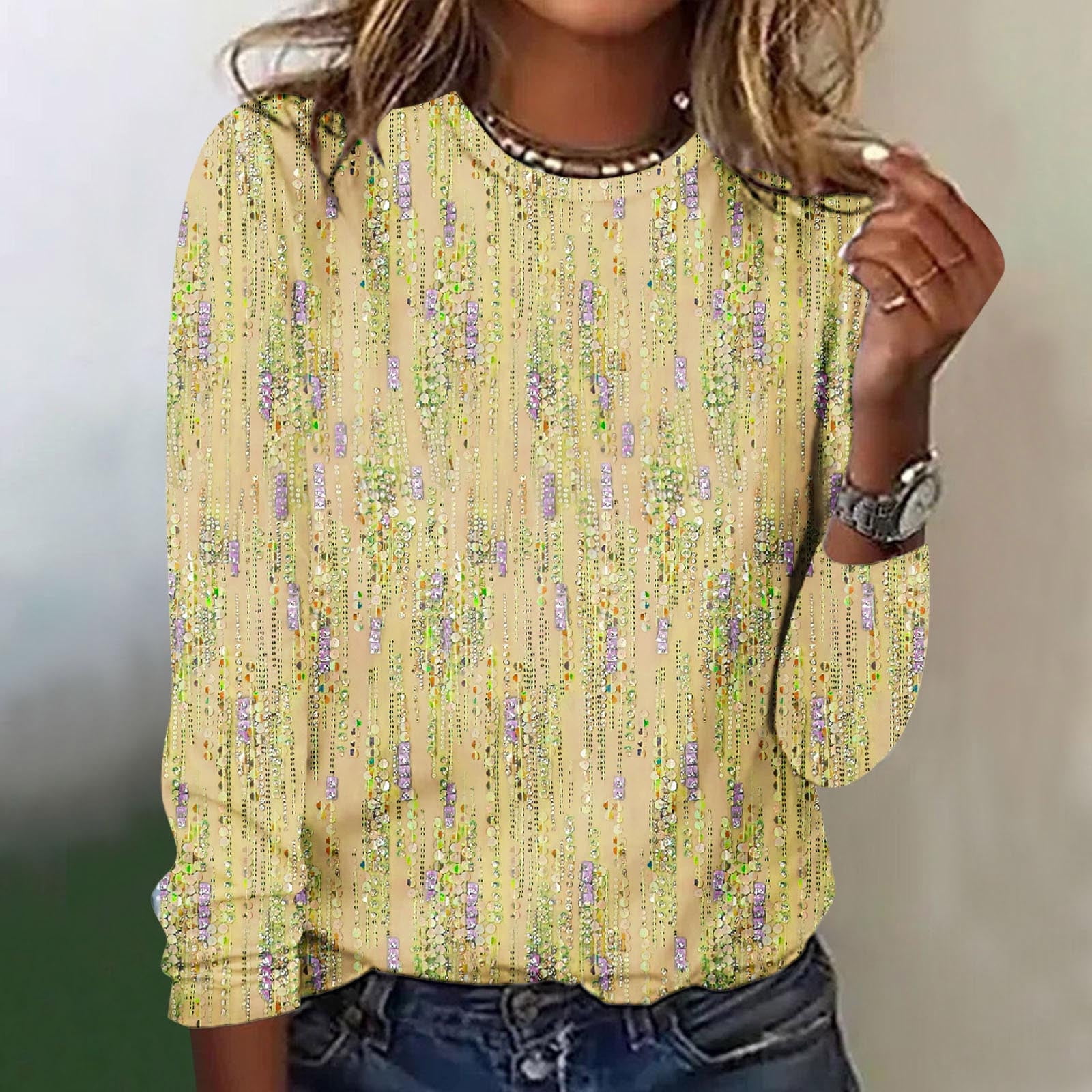 Ayolanni Womens Top Round Neck Long Sleeve Graphic Pullover Blouses ...