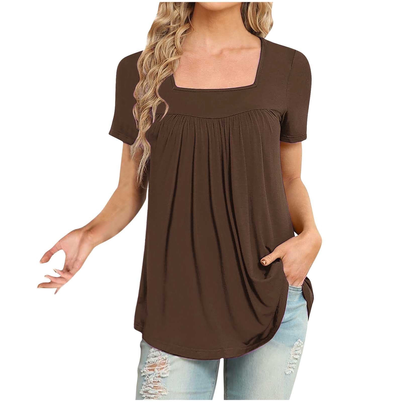 Ayolanni Womens Trendy Tops Square Neckline Solid Pullover Short Sleeve ...