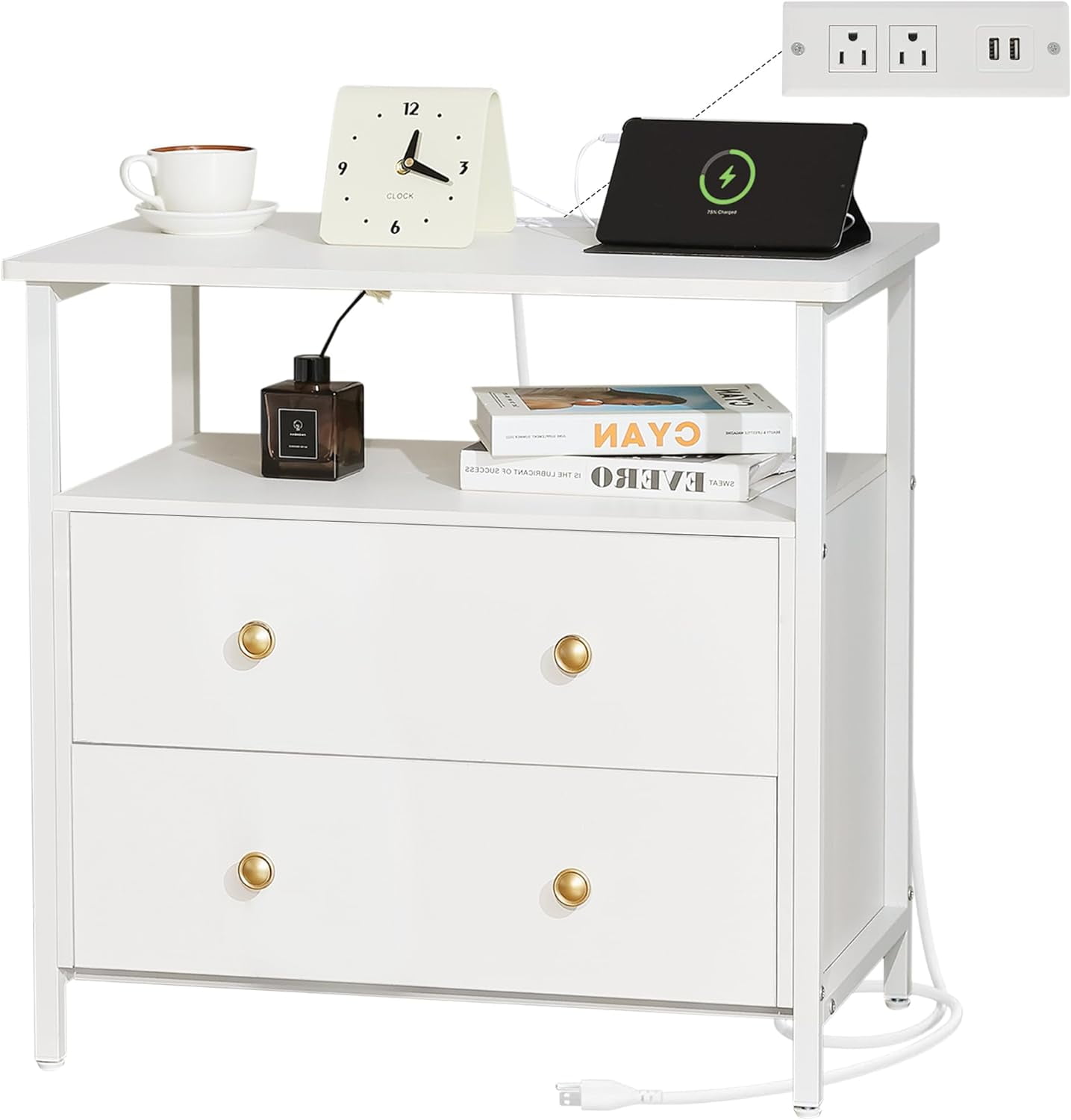 Tykacna 27 inch White Wood Nightstand with Charging Station, Wide ...