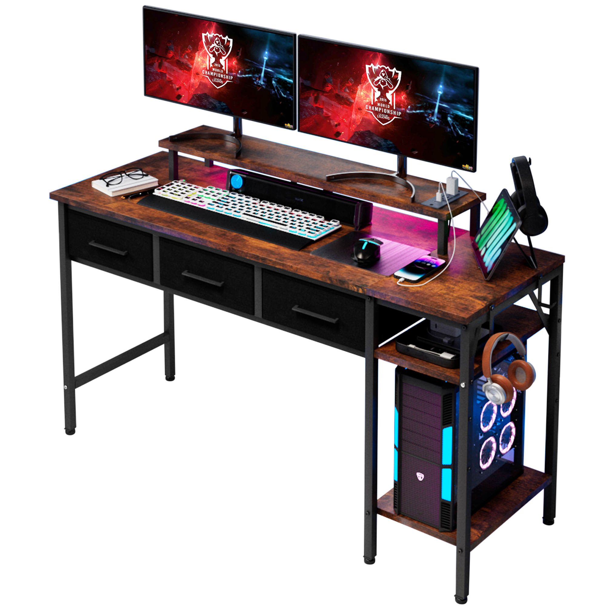 Tykacna 55-inch Computer Desk with 3 Drawers, Gaming Desk with LED ...