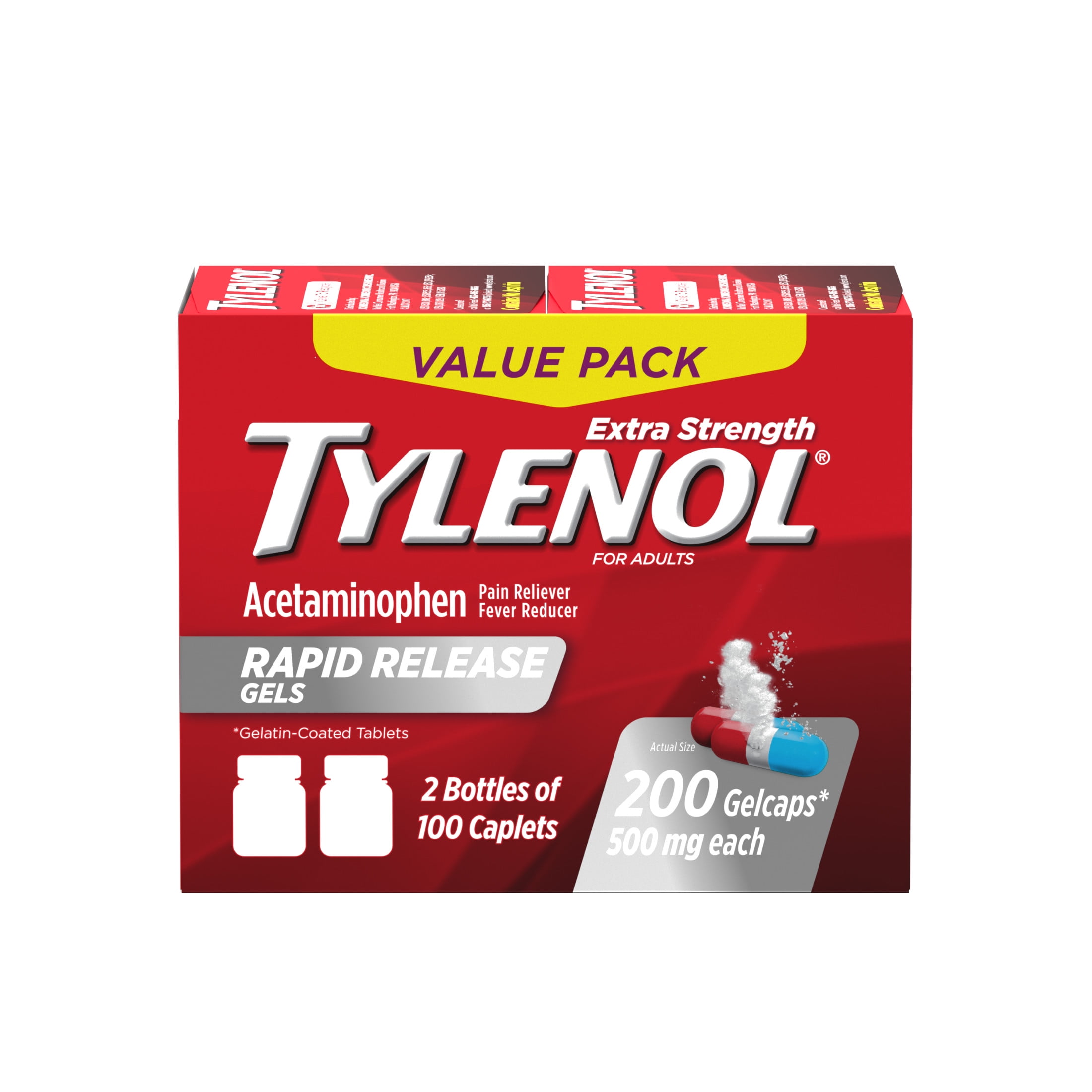 Tylenol Extra Strength 500 mg Acetaminophen Rapid Release Gels, 100 x 2 ...