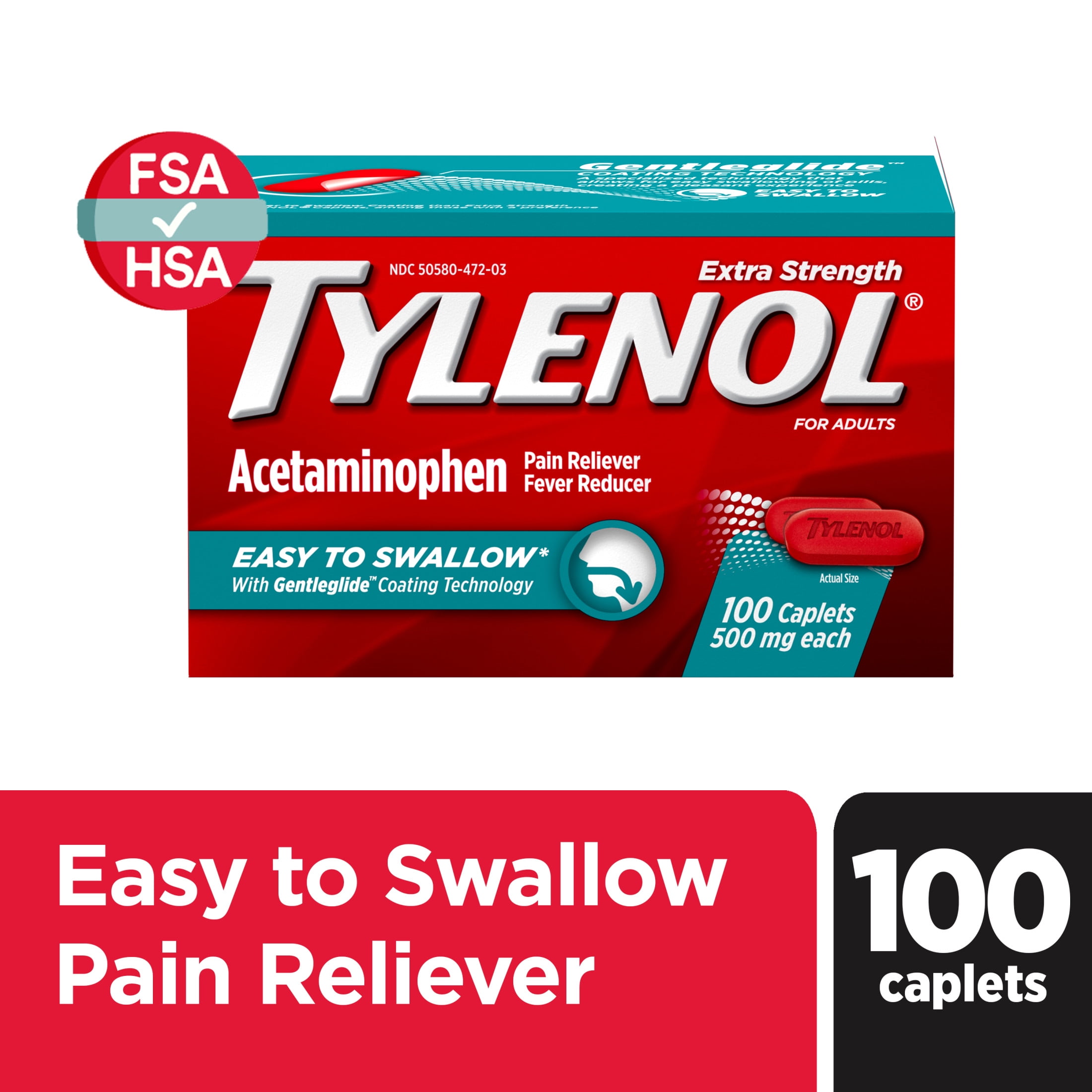 Tylenol Extra Strength Acetaminophen, Easy to Swallow Pain Relief Caplets, 100 Ct - Walmart.com