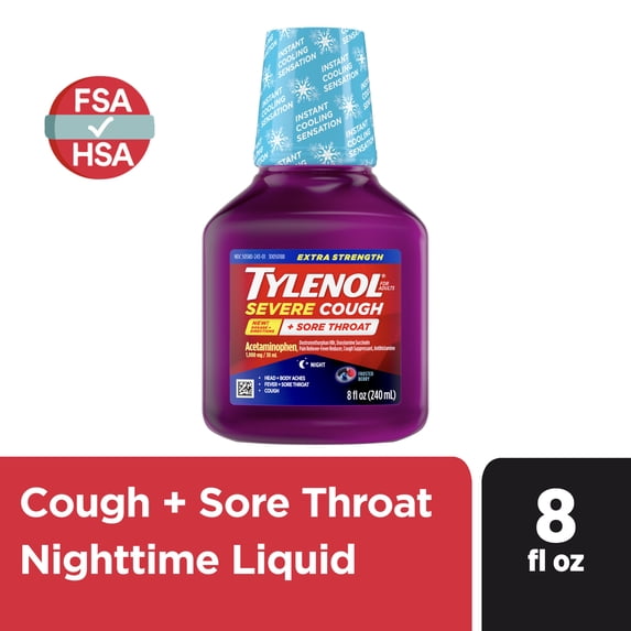 TYLENOL Cold Adult Kids Medicine Cough Sore Throat Night Liquid 8 oz ...