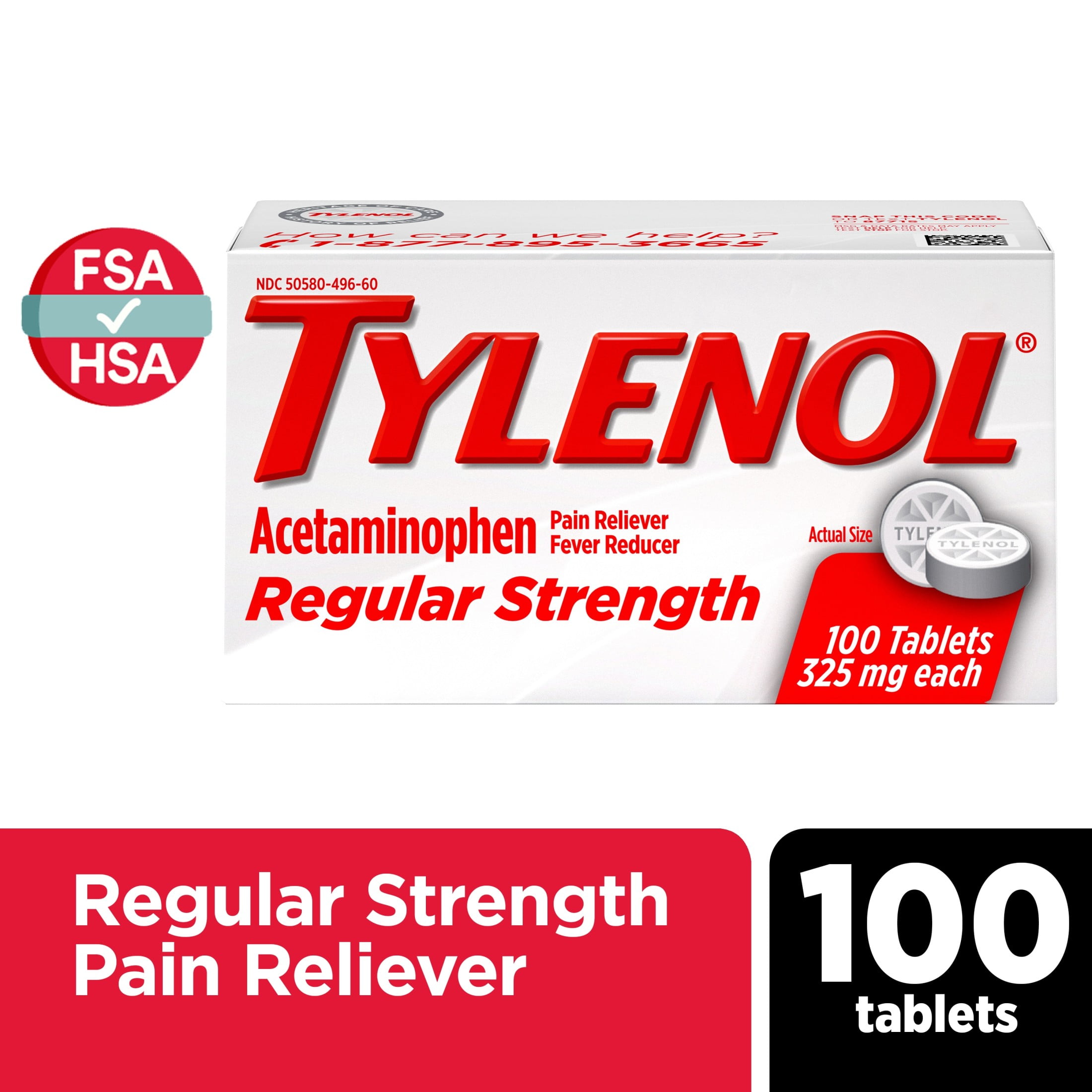 Tylenol Regular Strength Tablets with 325 mg Acetaminophen, 100 Count ...