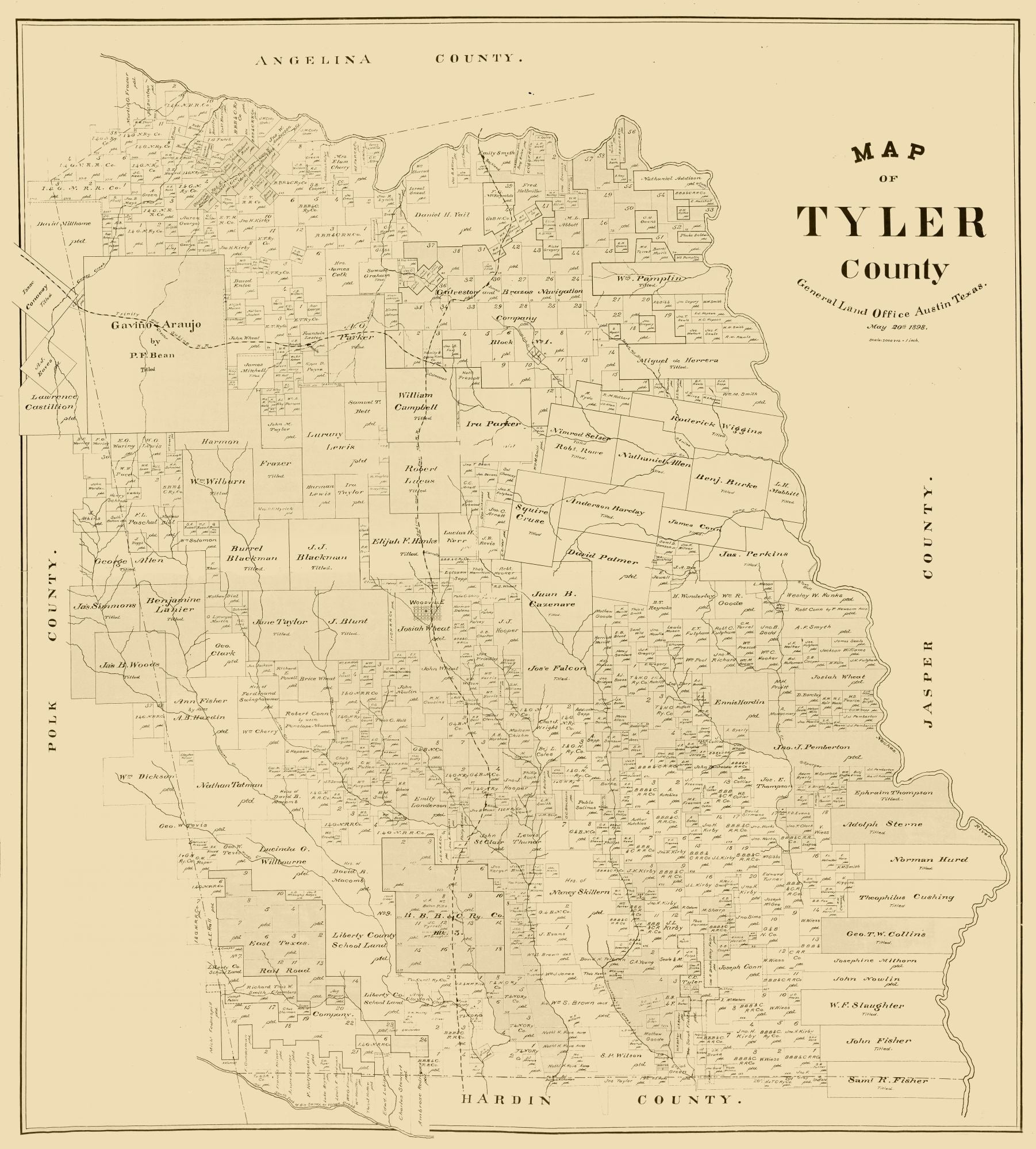 Historic County Map - Tyler County Texas - General Land Office 1898 ...