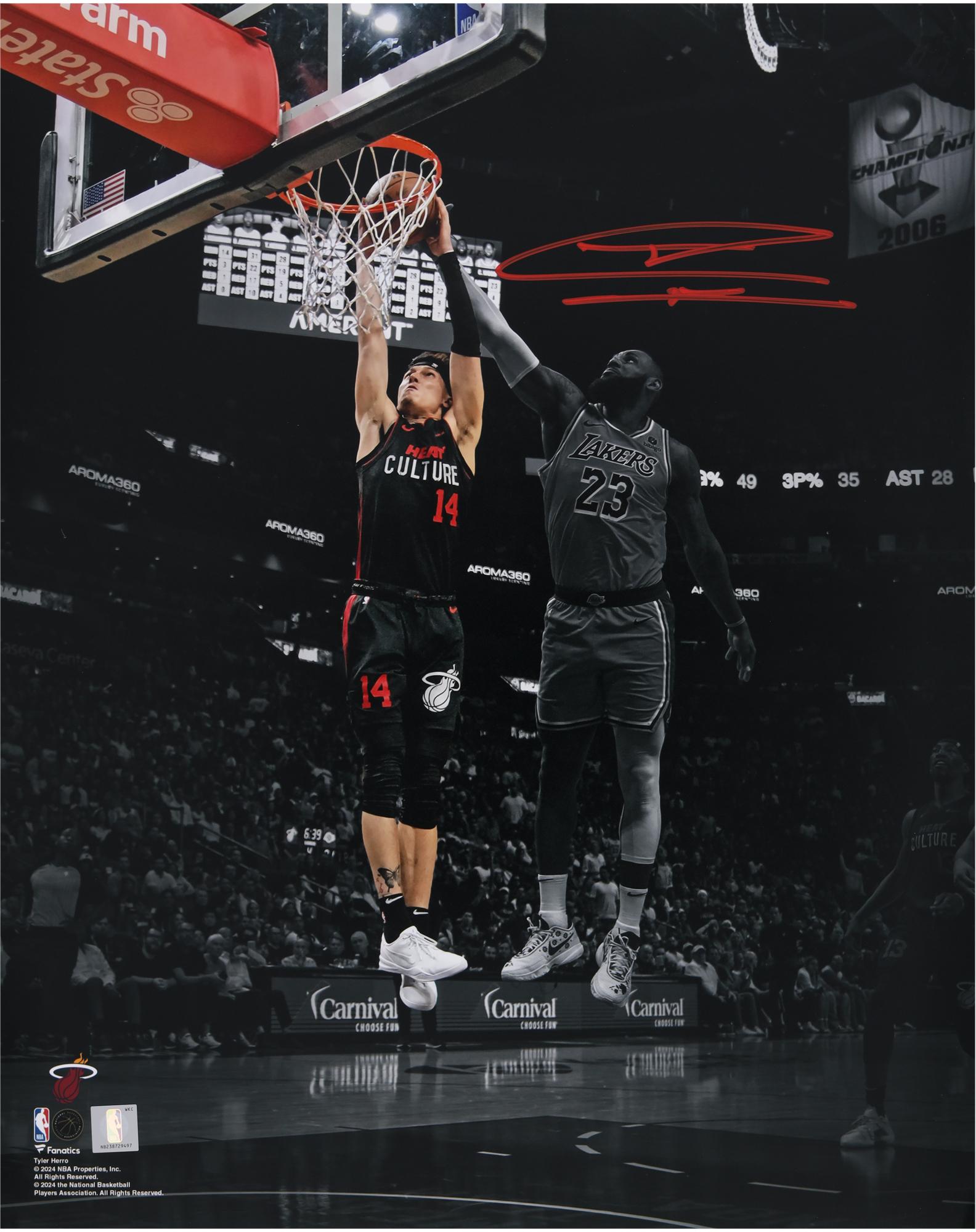 Tyler Herro Miami Heat Autographed 16 x 20 Spotlight Dunk vs. Los Angeles Lakers Photograph ...
