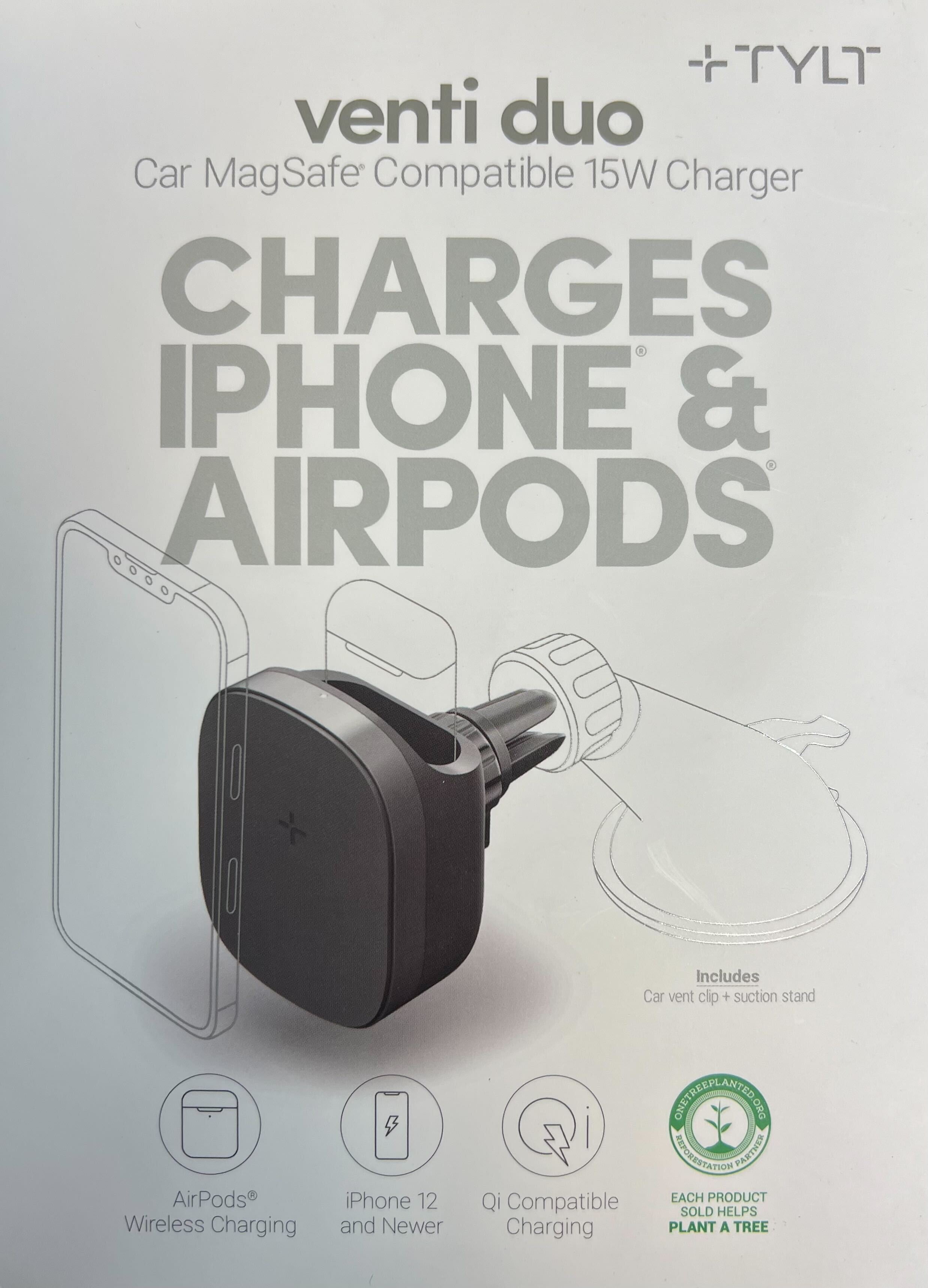 Tylt Magnetic 15W Venti Duo Wireless Charging Phone/AirPod Car Charger ...