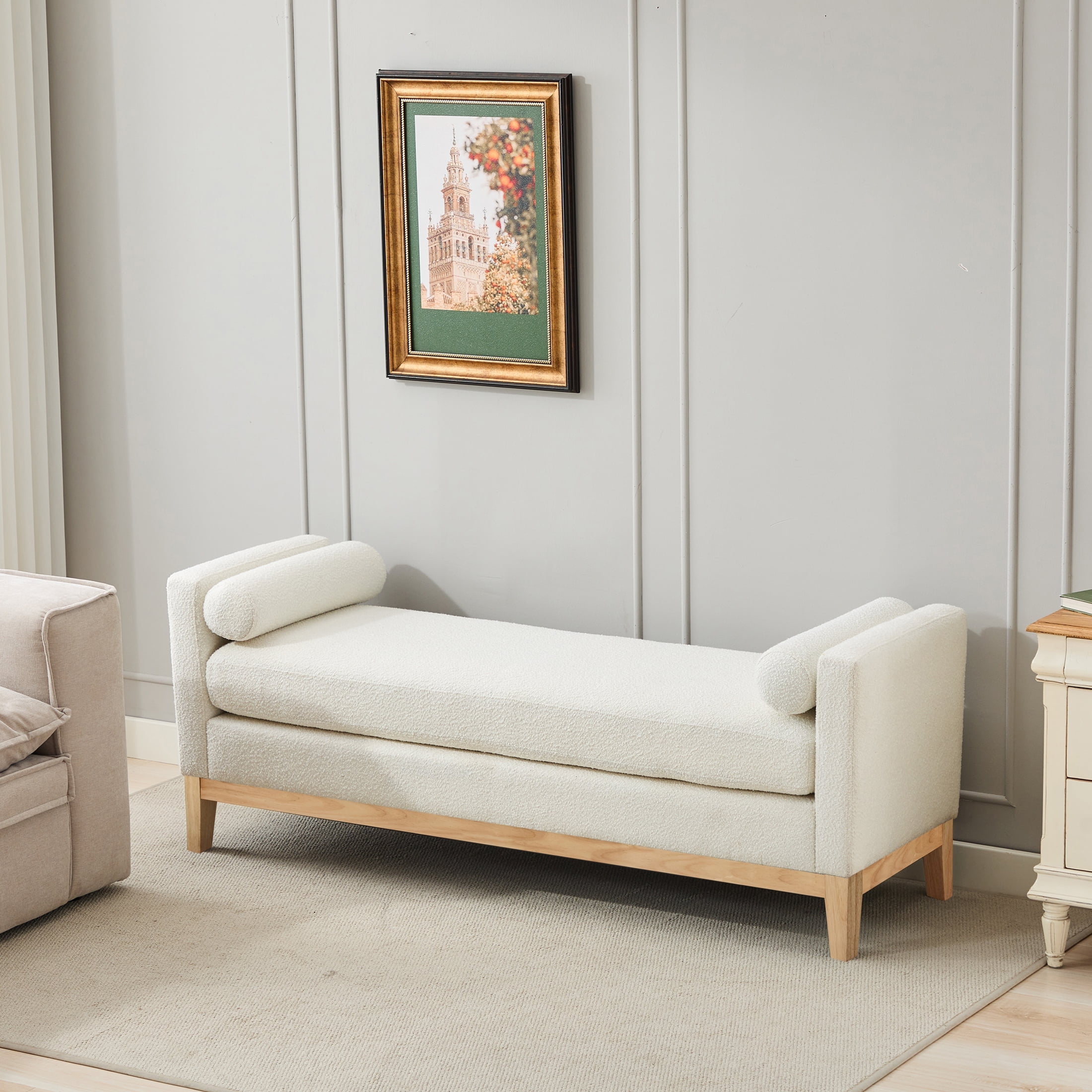 Tynzuro 66'' Upholstered Boucle Bench with Bolster Pillow, Fits King ...