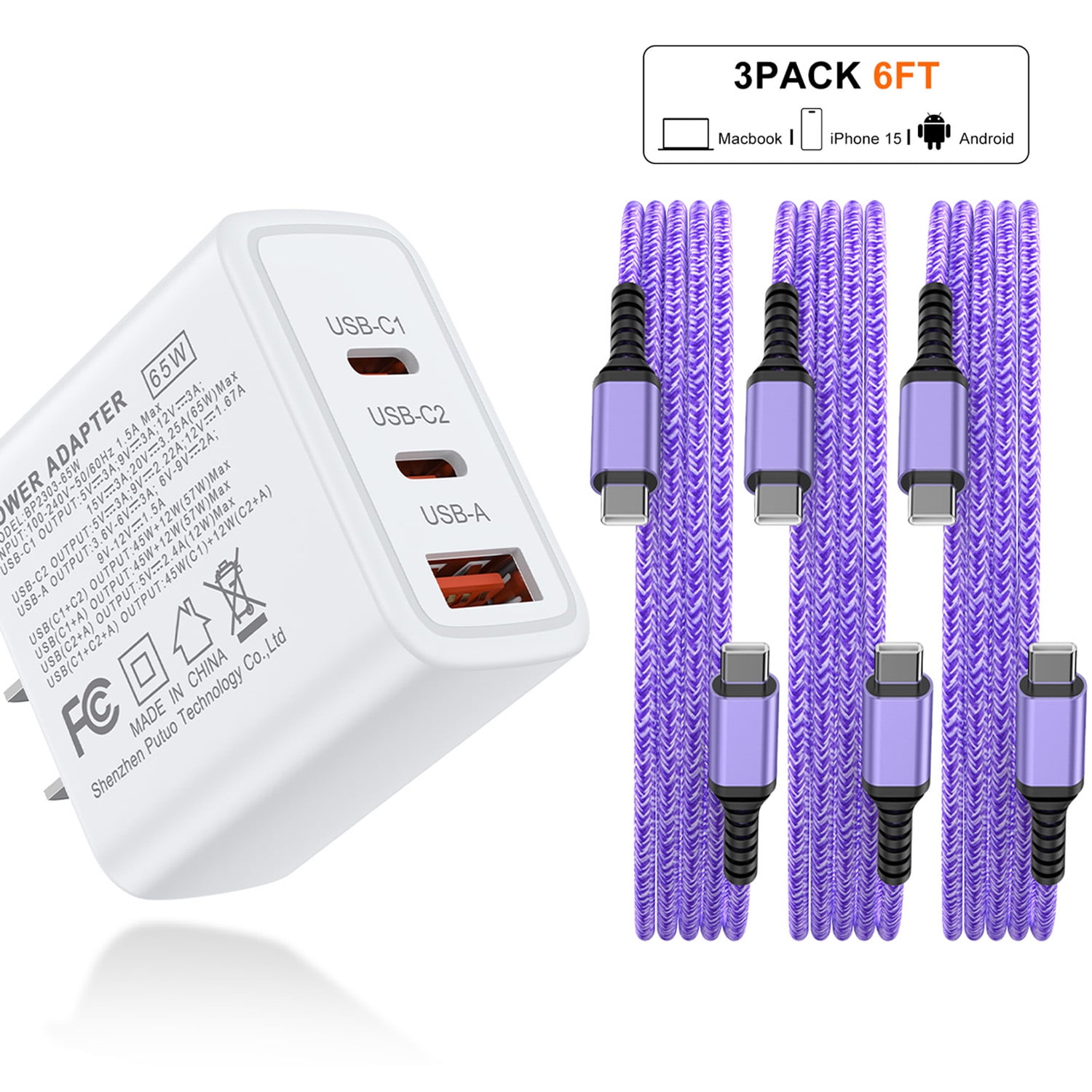 Type C Charger Block 3 Port 65W Wall Charger Fast Charger Adapter , USB ...