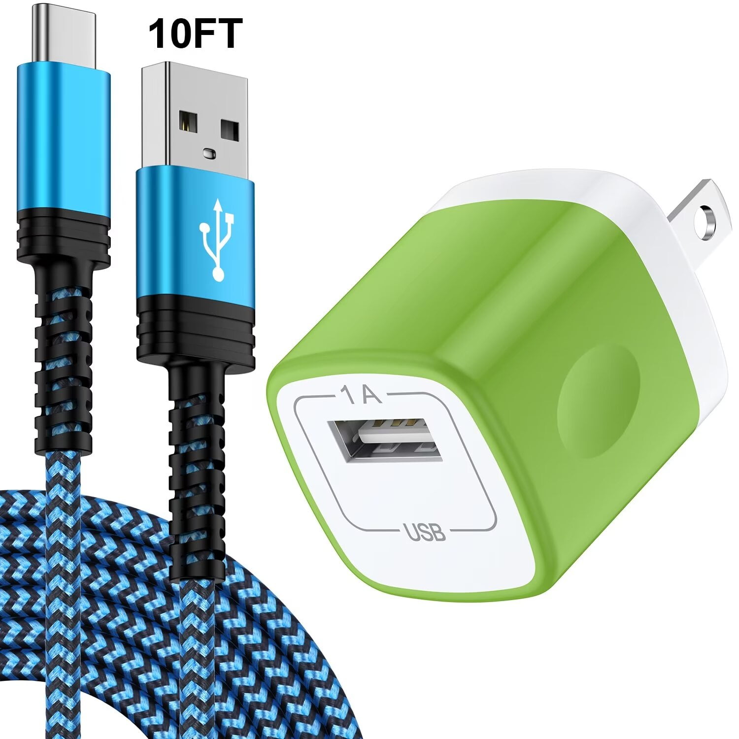 Type C Charger Block,with 3A Android Charger Fast Charging Cable 10ft ...