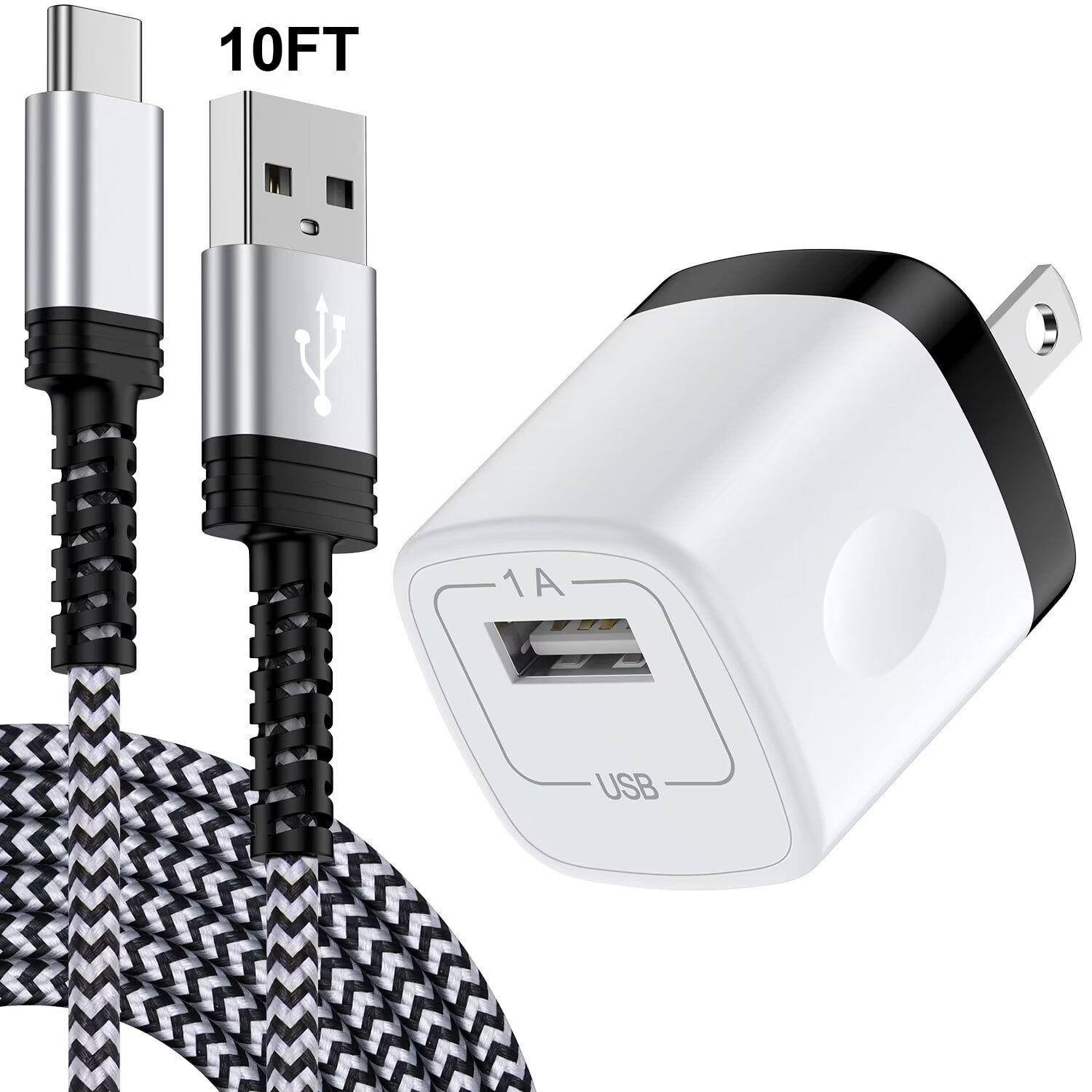 Type C Charger Block,with 3A Android Charger Fast Charging Cable 10ft ...