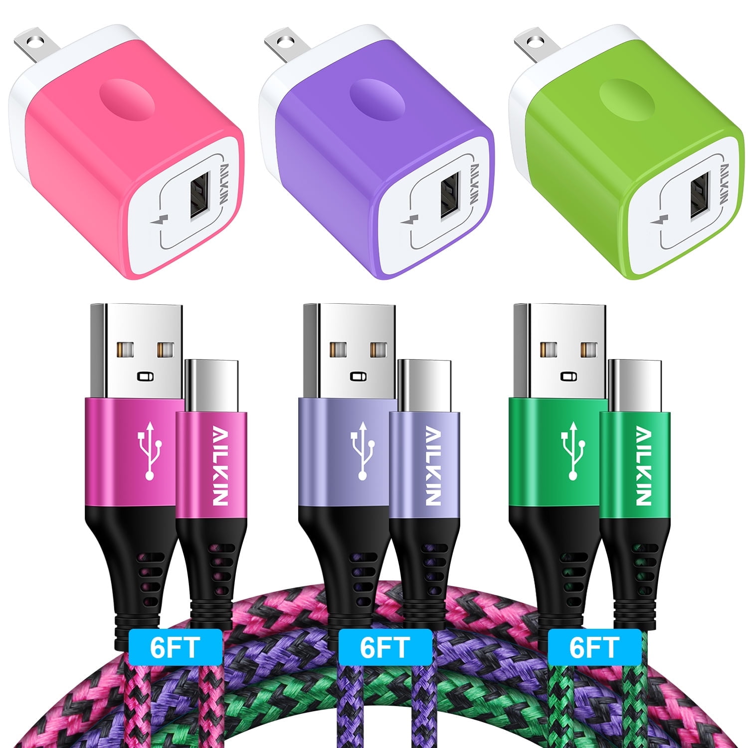 Ailkin Type C Fast Charger Block, 3-Pack Adapter with 6ft Braided USB C ...