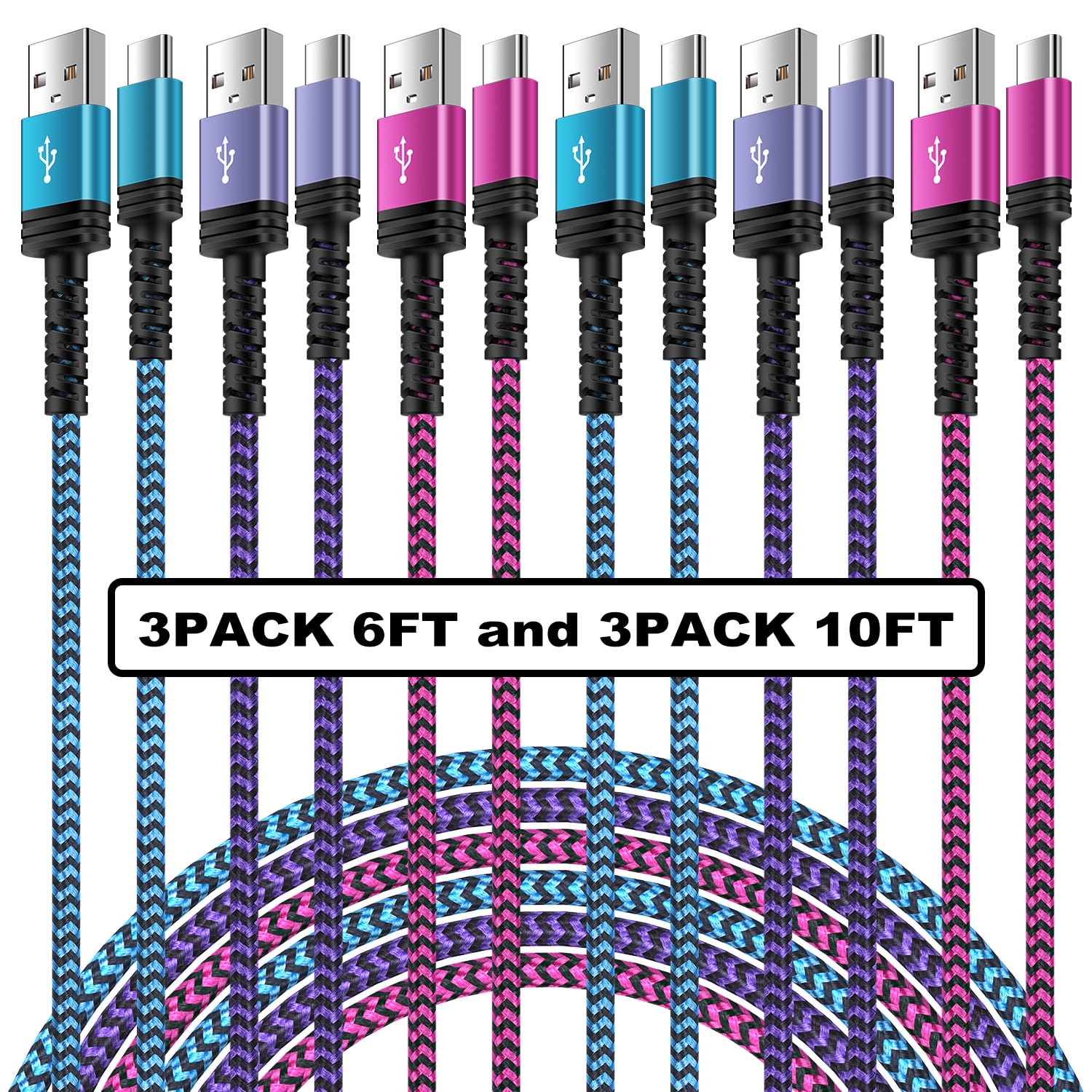 Type C Charger Fast Charging Cable 10ft 6ft,6PACK HopePow Usb A to Usb ...