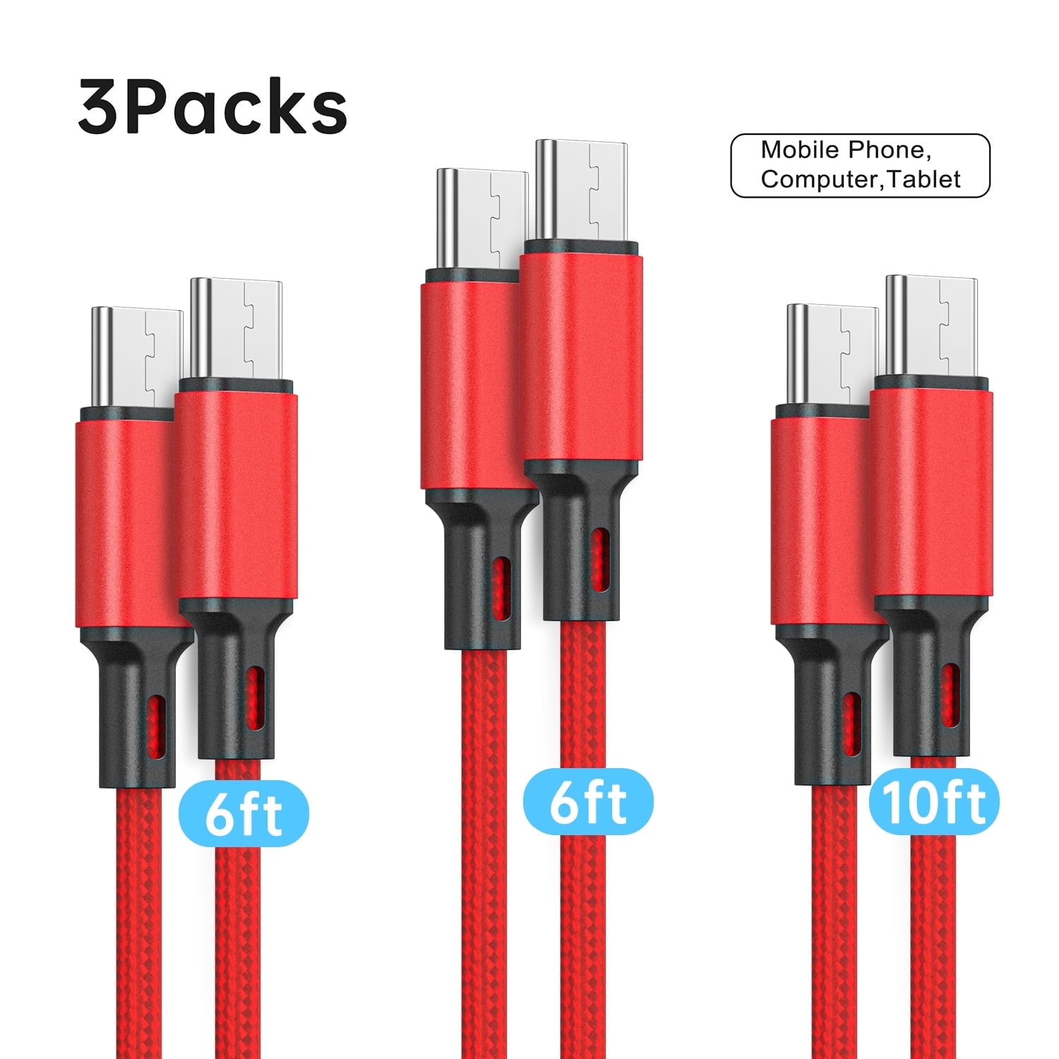 Cshidworld USB-C Charging Cable Pack, 3 Count [6ft, 6ft, 10ft], Nylon ...