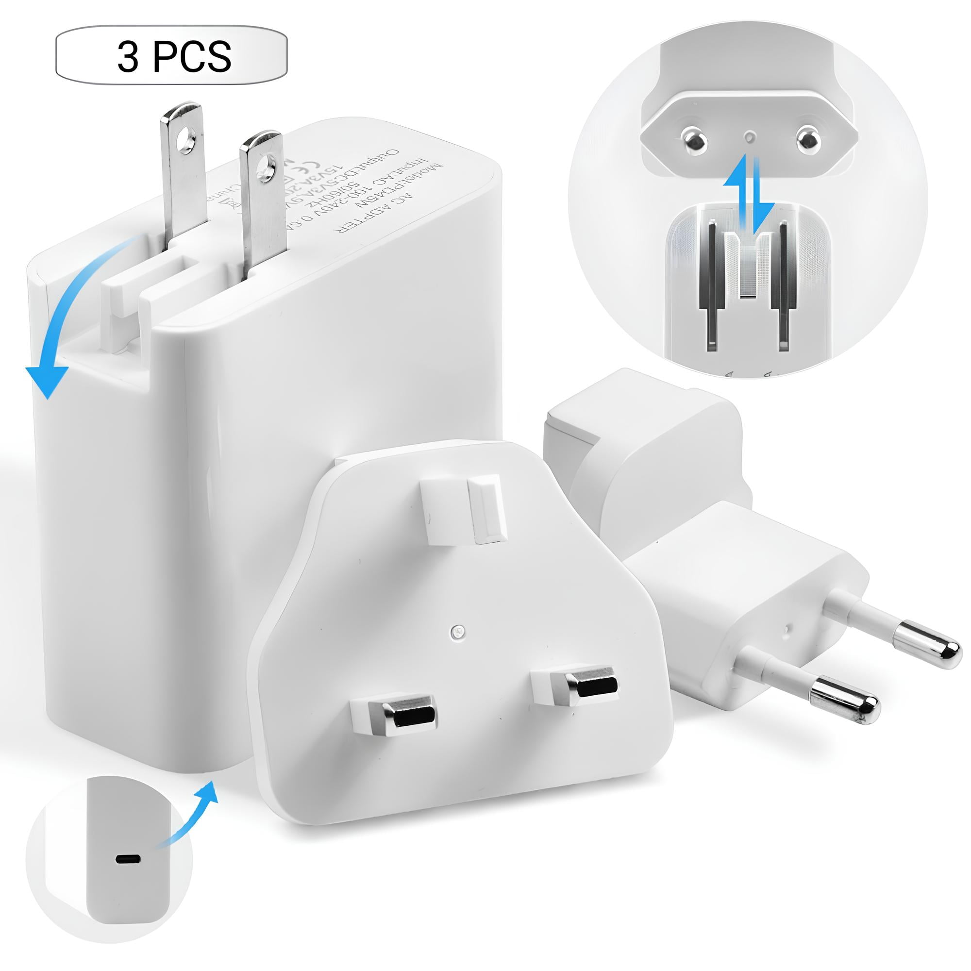 Type-C Plug Adapter, 3 Pcs Convertible Travel Plug Adapter 45W Fast ...