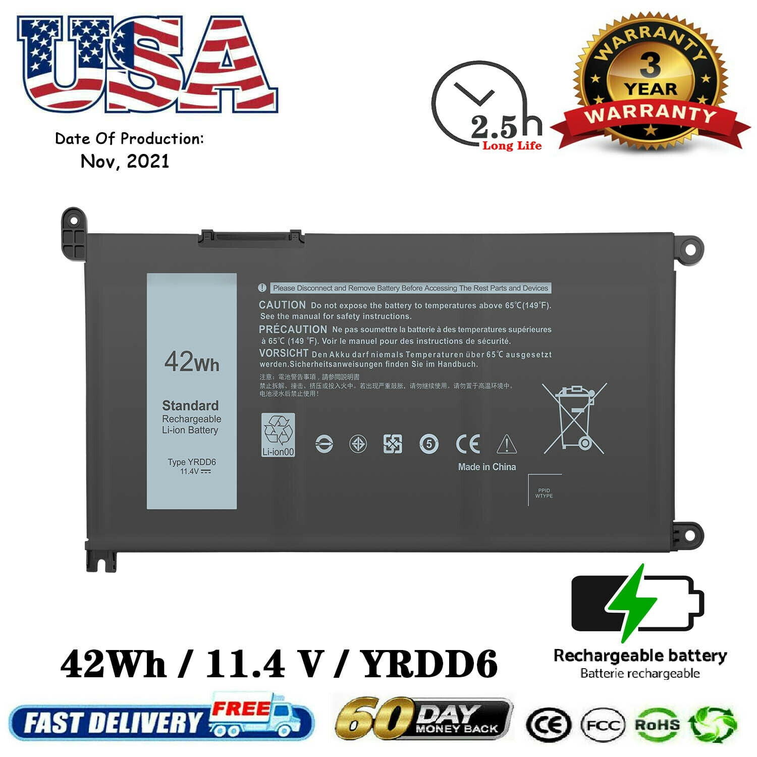 Type YRDD6 Battery For Dell Inspiron 14 5000 2-in-1 5480 5482 series ...