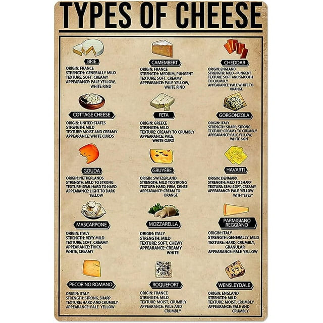 Types Of Cheese Metal Signs Wall Decor Aluminium Poster Knowledge ...