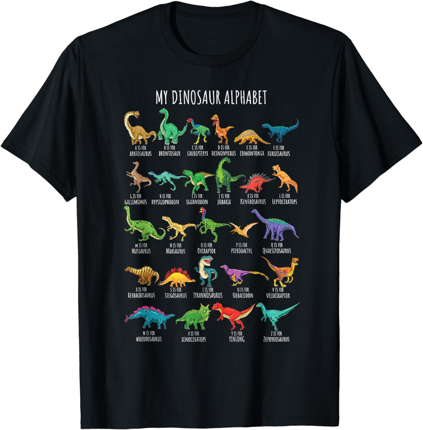 Types Of Dinosaurs Alphabet A-Z ABC Dino Identification Short Sleeve T ...