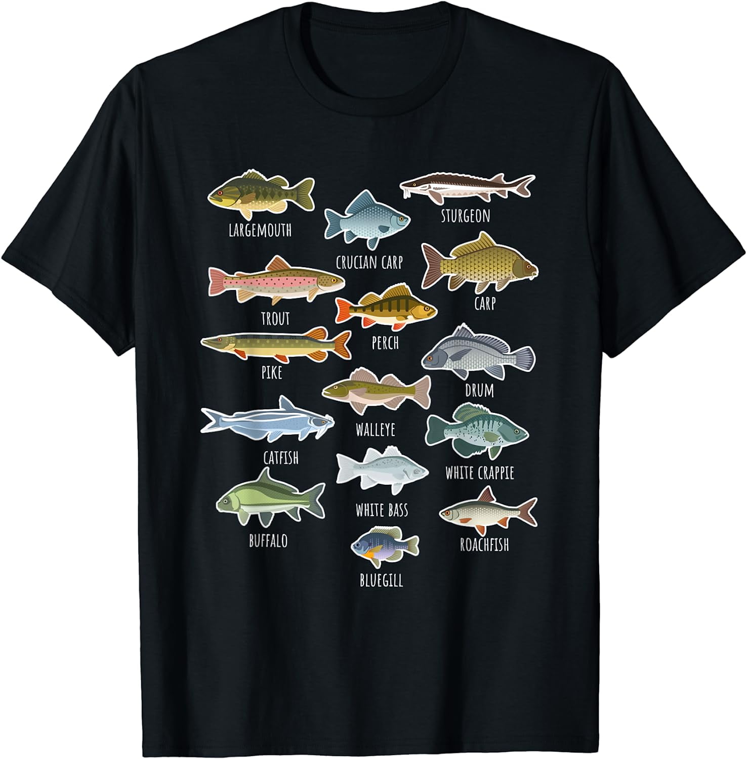 Types Of Freshwater Fish Species Fishing T-Shirt Black 2X-Large ...