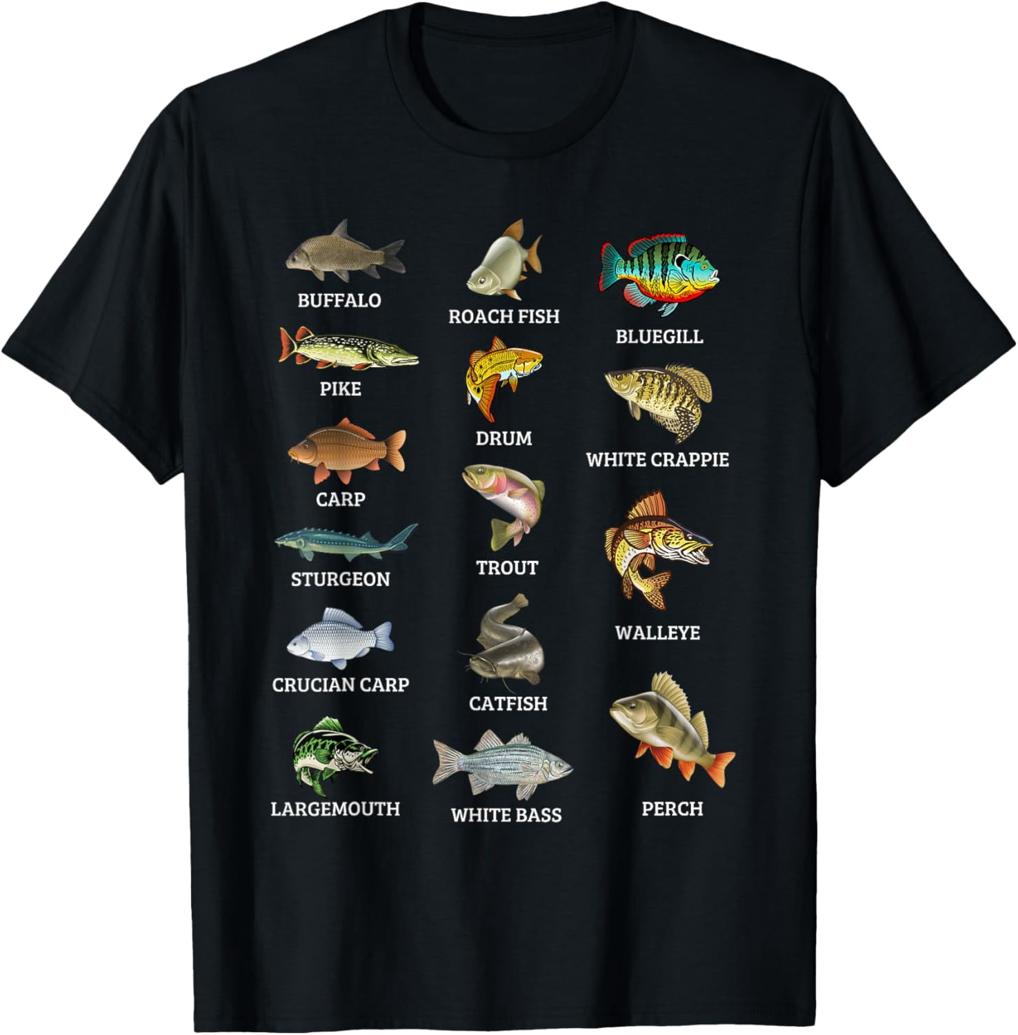 Types of Freshwater Fish Species Fishing Fisherman Anglers Mens T-Shirt ...