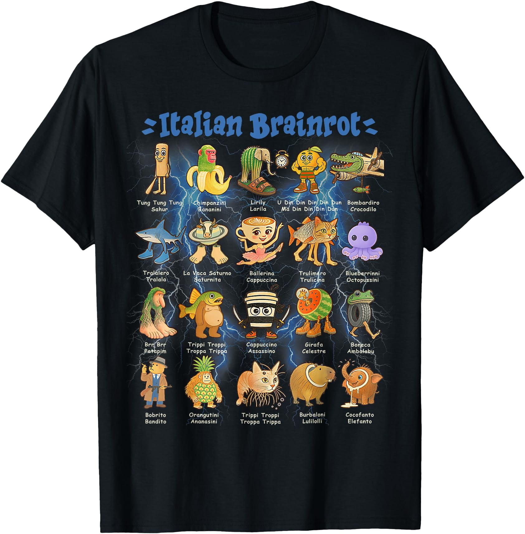 Types of Italian Brainrot Meme Character Hand Drawn for Kids T-Shirt ...