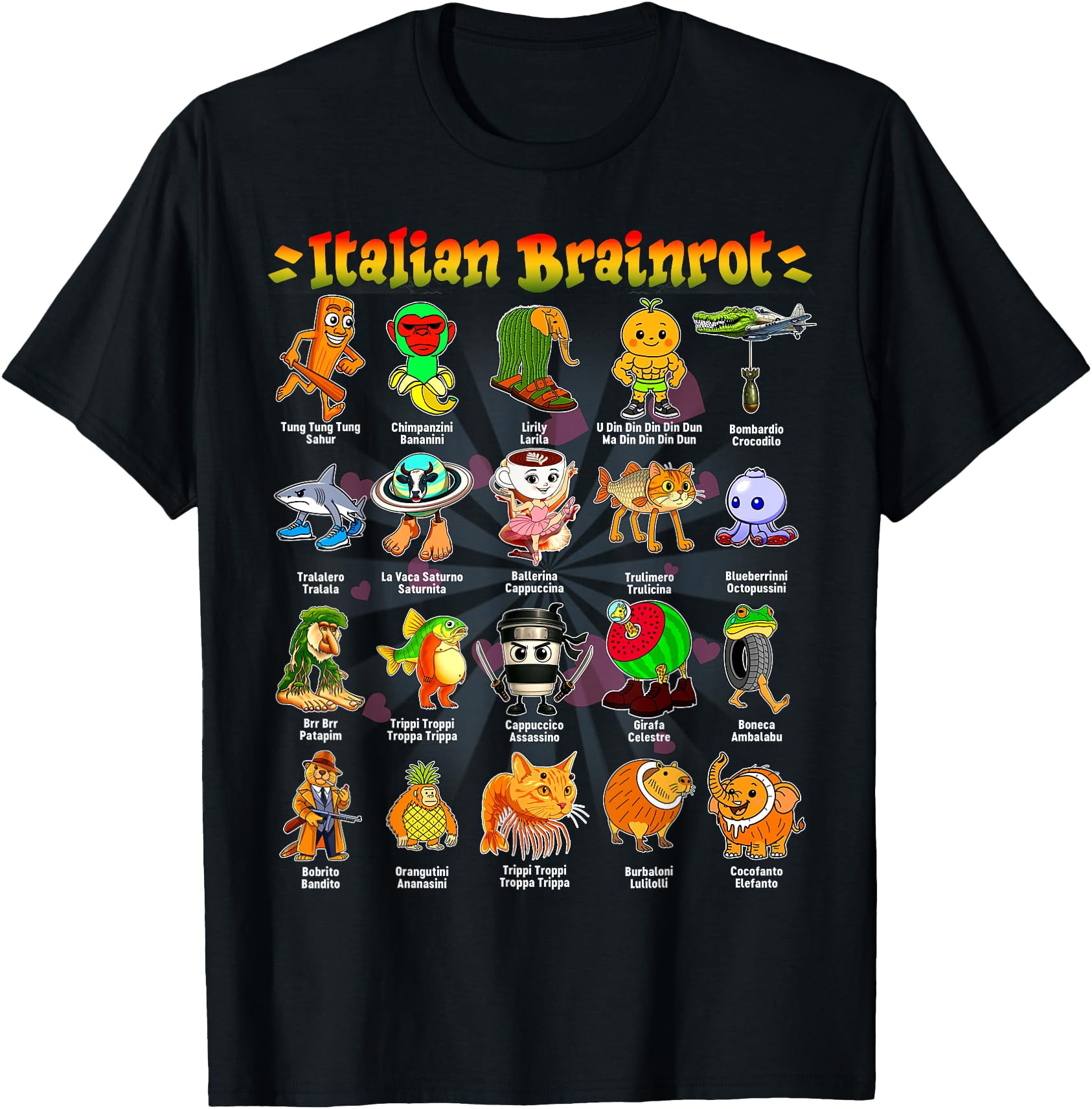 Types of Italian Brainrot Meme Character Hand Drawn for Kids T-Shirt ...