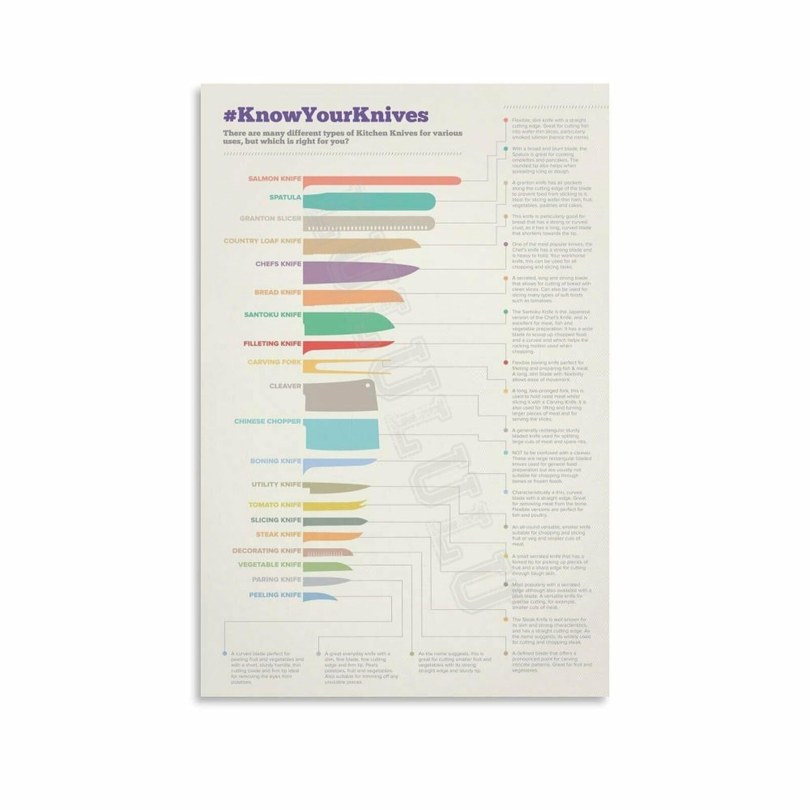 Types of Knives Kitchen Cooking Knives Guide Poster (10) Canvas ...