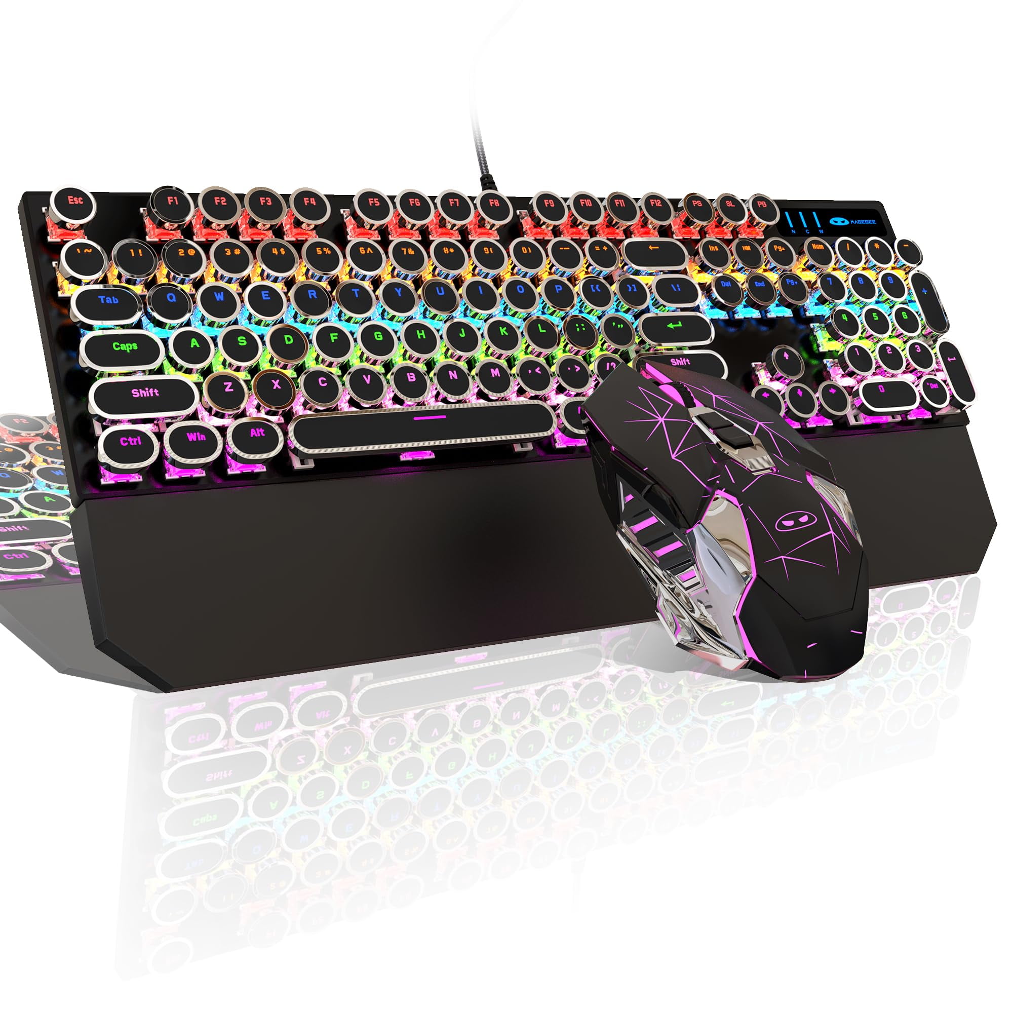 Typewriter Mechanical Gaming Keyboard and Mouse Combo, Retro Punk Round ...