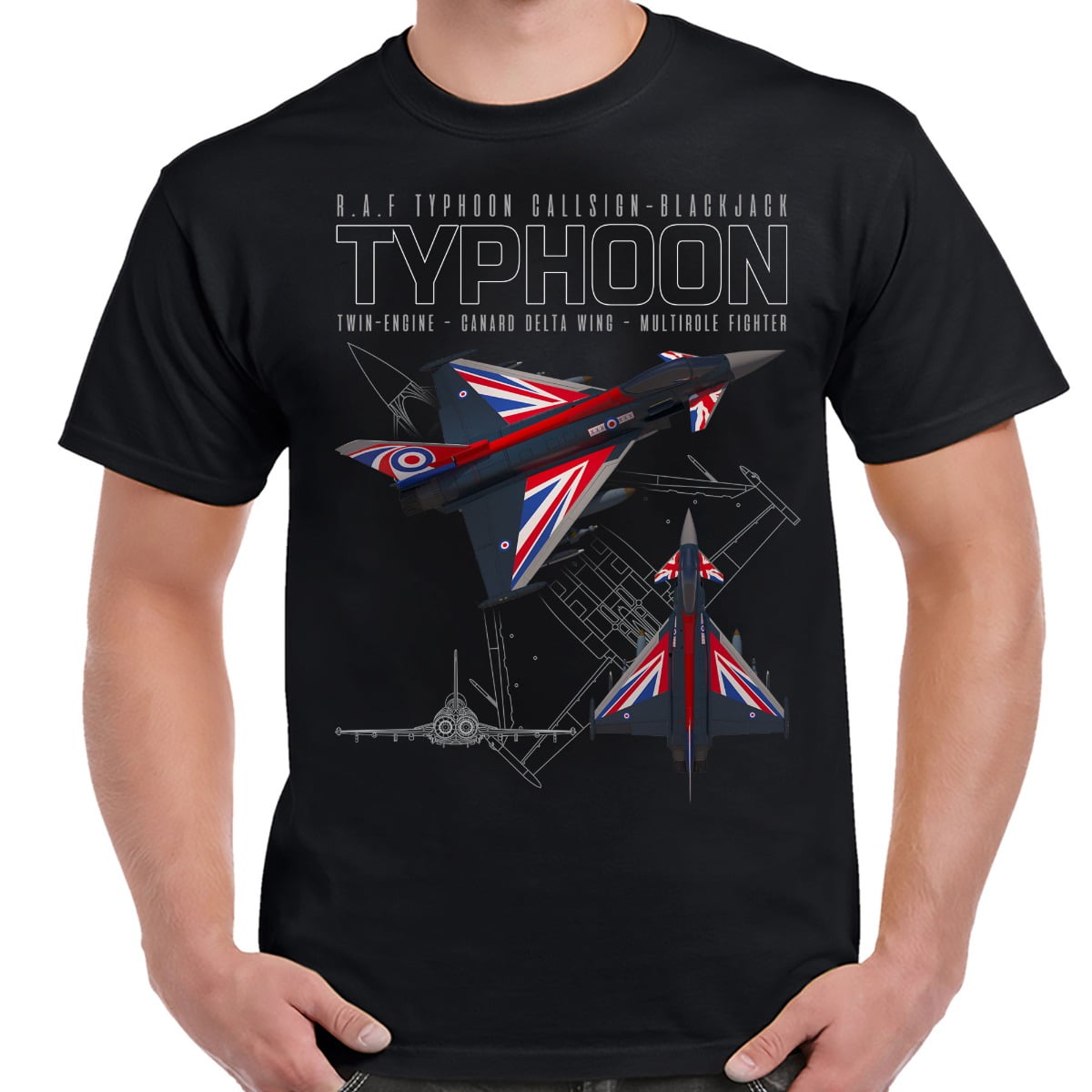 Typhoon UK Union Flag Eurofighter - Schematic Black Adult Shirt-Large ...