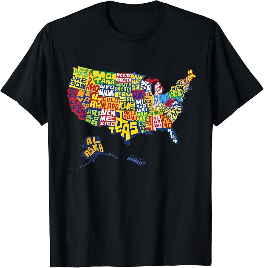 Typographic United States Map with state names, Text Art T-Shirt ...