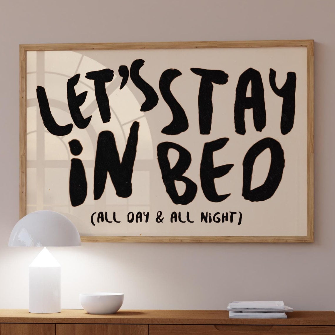 Typography Poster, Black Wall Art, Let'S Stay In Bed Print, Mid Century ...