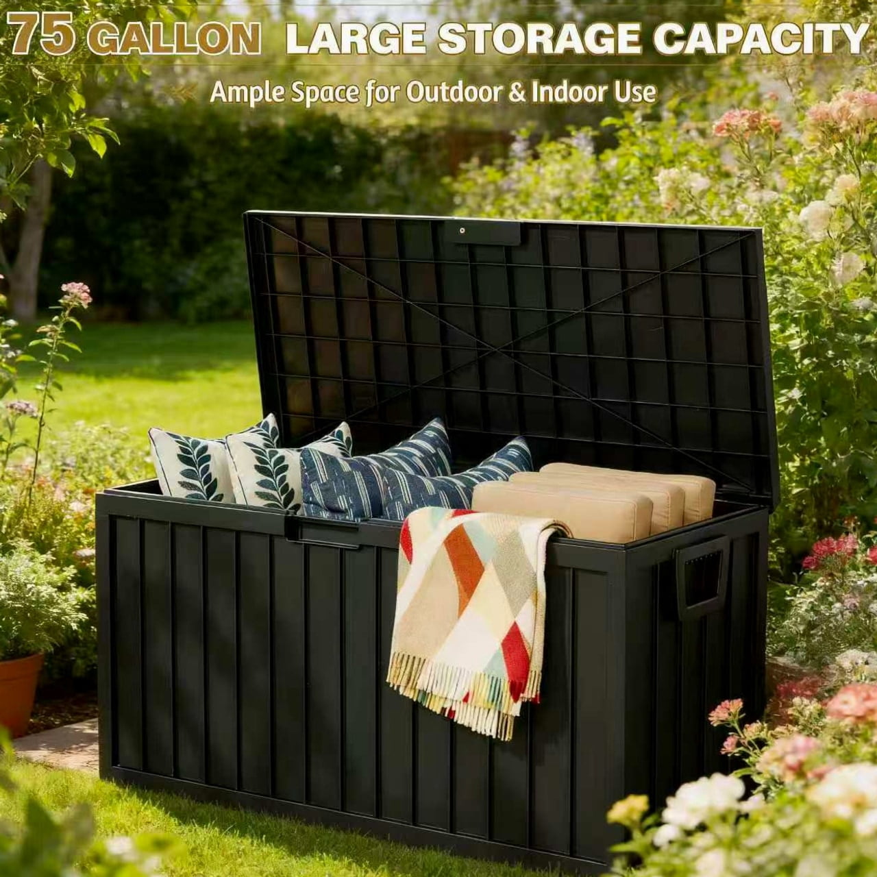 Typpkmm Large Outdoor Deck Box with Lockable Lid Heavy-Duty Hinged Door ...