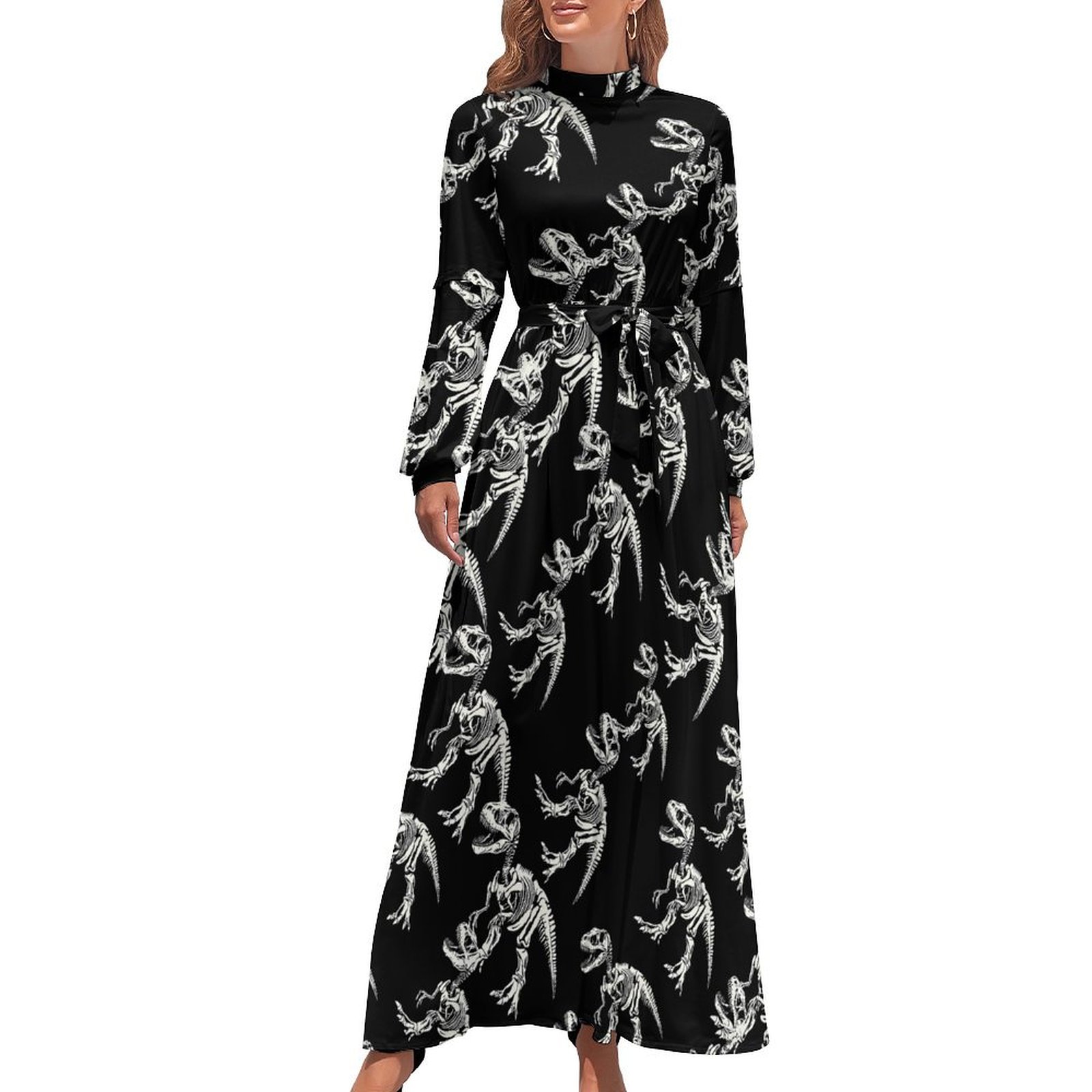 Tyrannosaurus Rex Skeleton Women's Fall Maxi Dress Long Sleeve ...