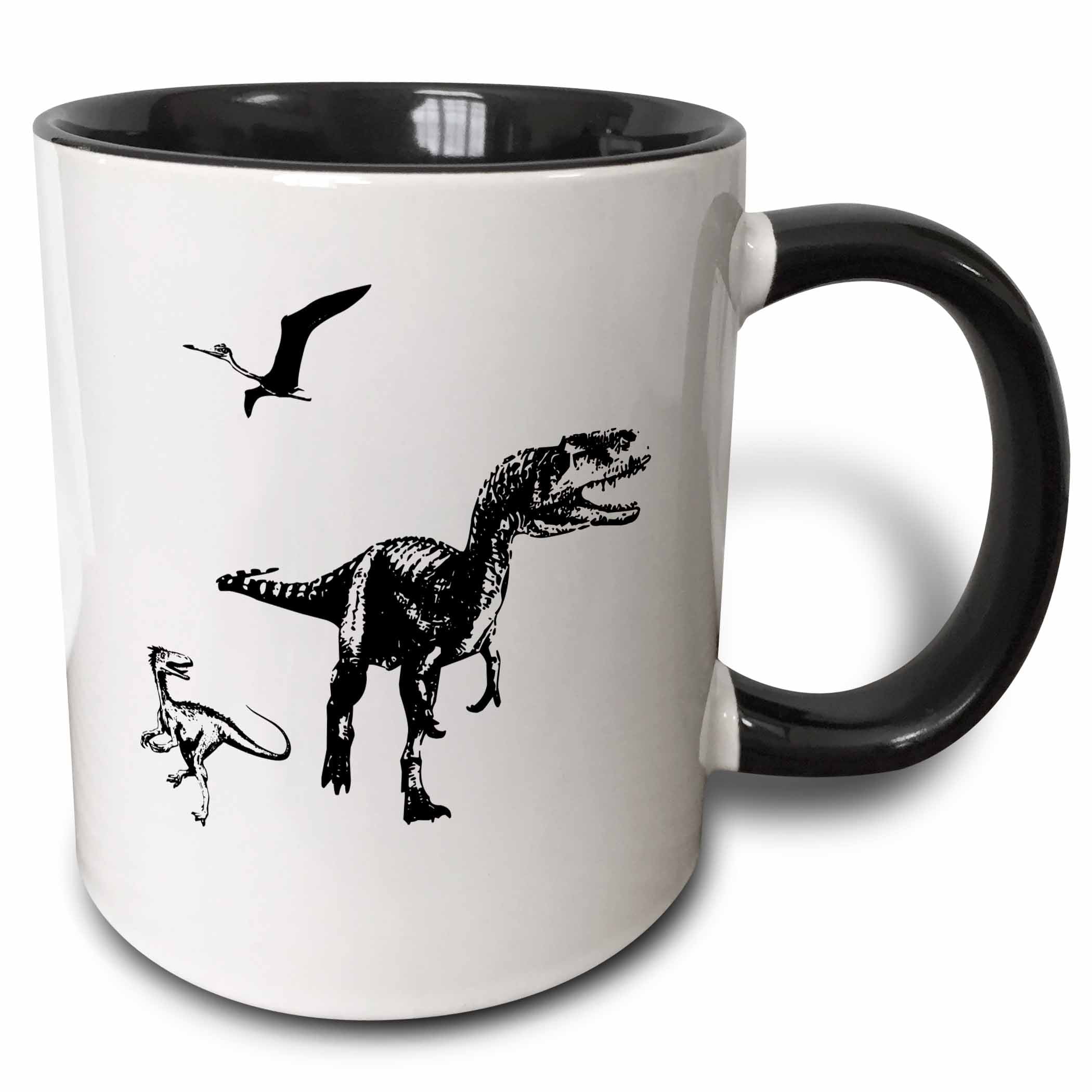 Tyrannosaurus Rex, pterodactyl, small raptor dinosaurs on white 11oz ...