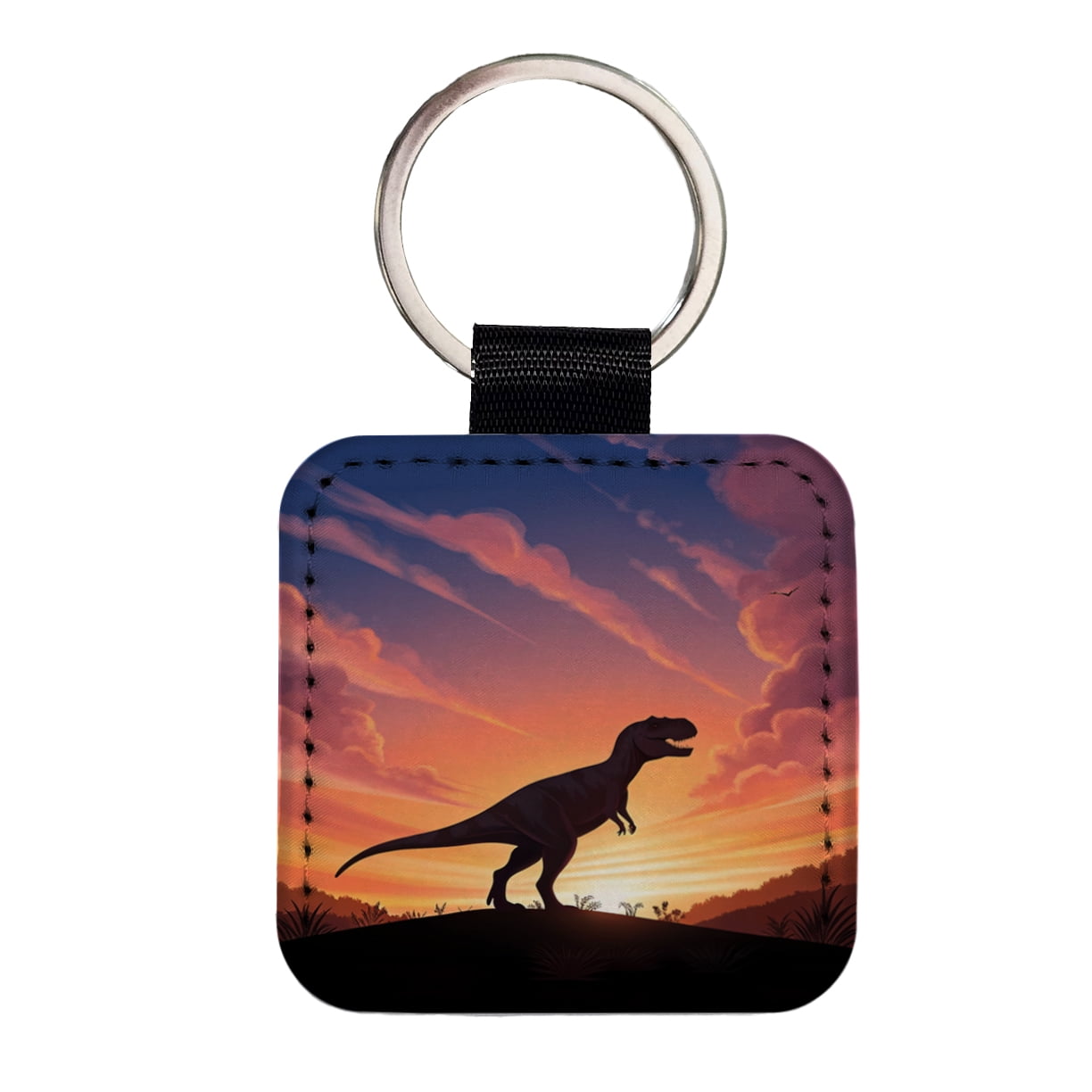 Tyrannosaurus T-Rex Dinosaur Sunset Faux Leather Square Keychain ...